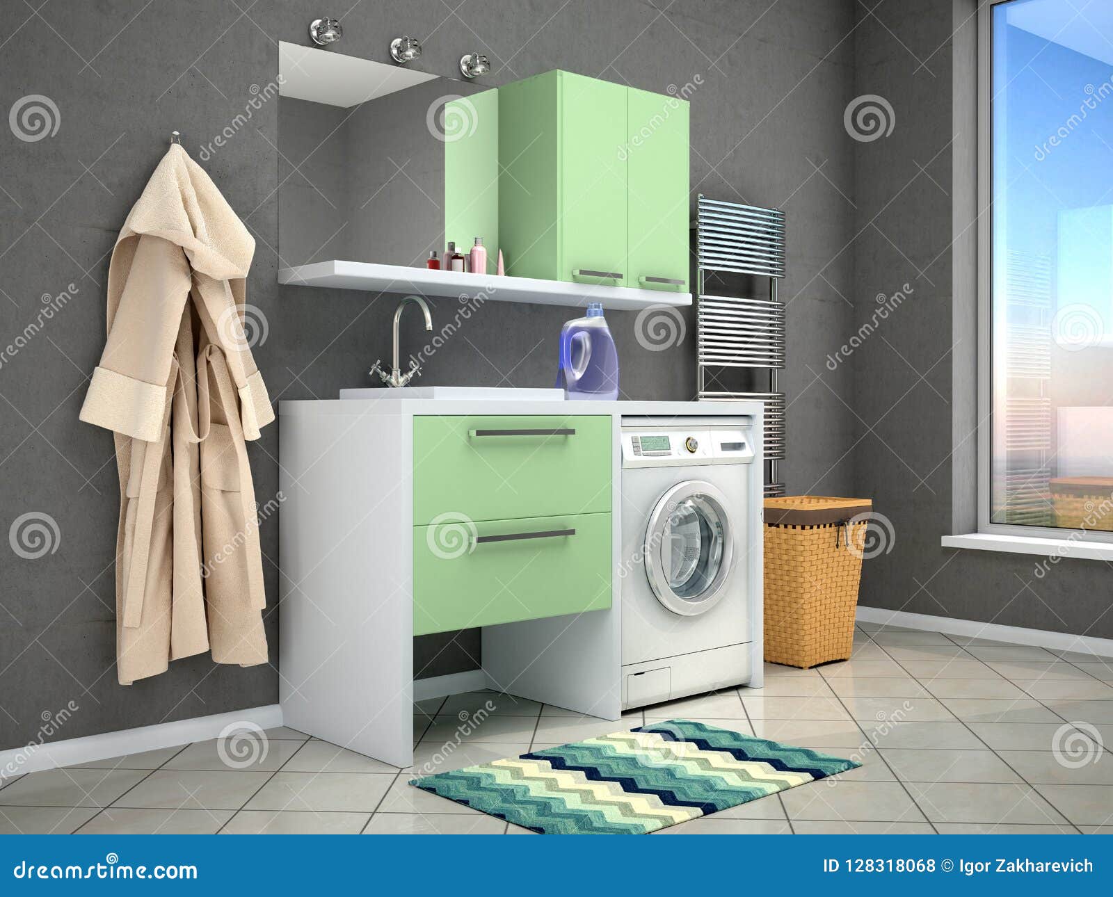 Bathroom Design with Washing Machine Stock Illustration - Illustration ...
