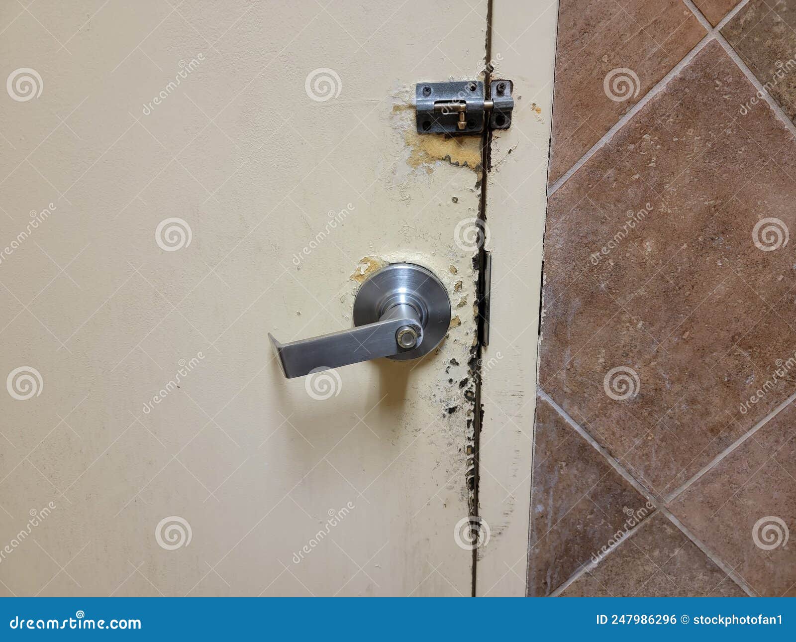Bathroom Door with Corrosion or Damage on Door and Lock Stock Photo ...