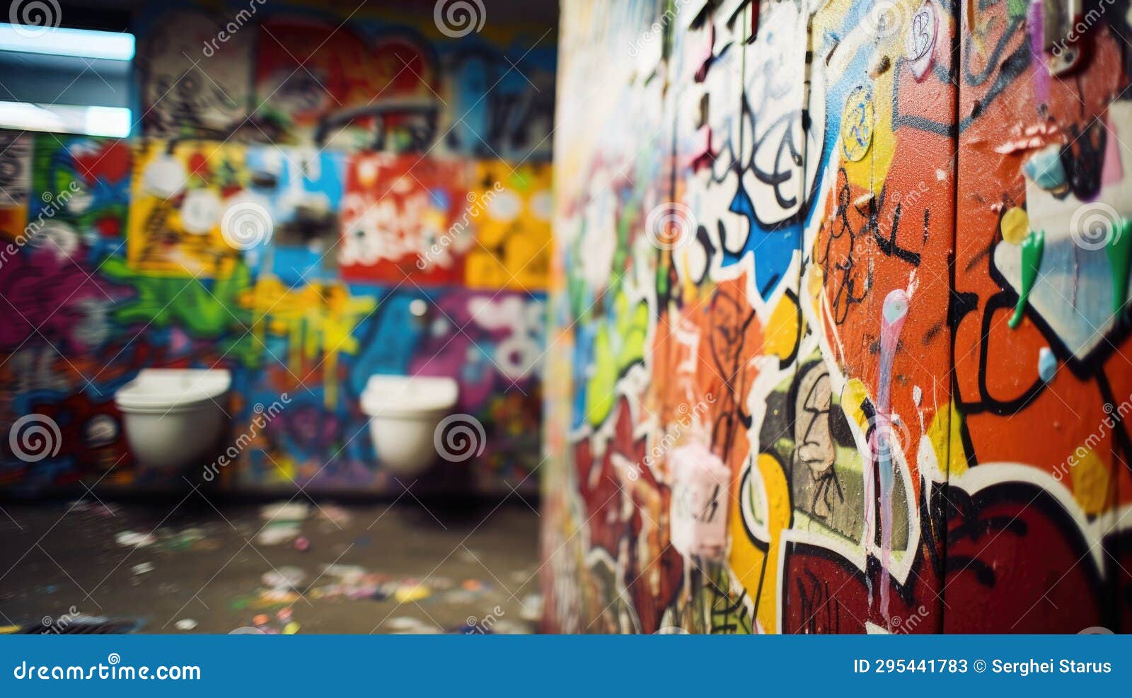 A Bathroom with Graffiti on the Walls and Urinals, AI Stock ...