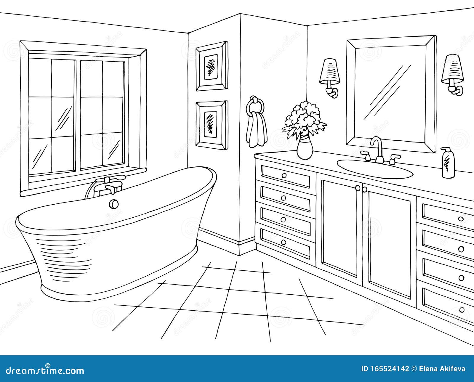 Bathroom Graphic Home Interior Black White Sketch Illustration Vector