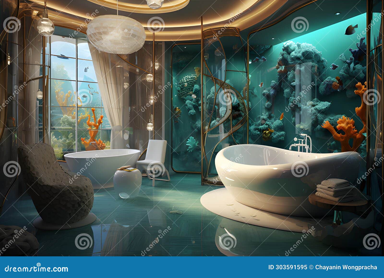 Bathroom in the Hotel of Transitional Style Underwater Theme. Use ...