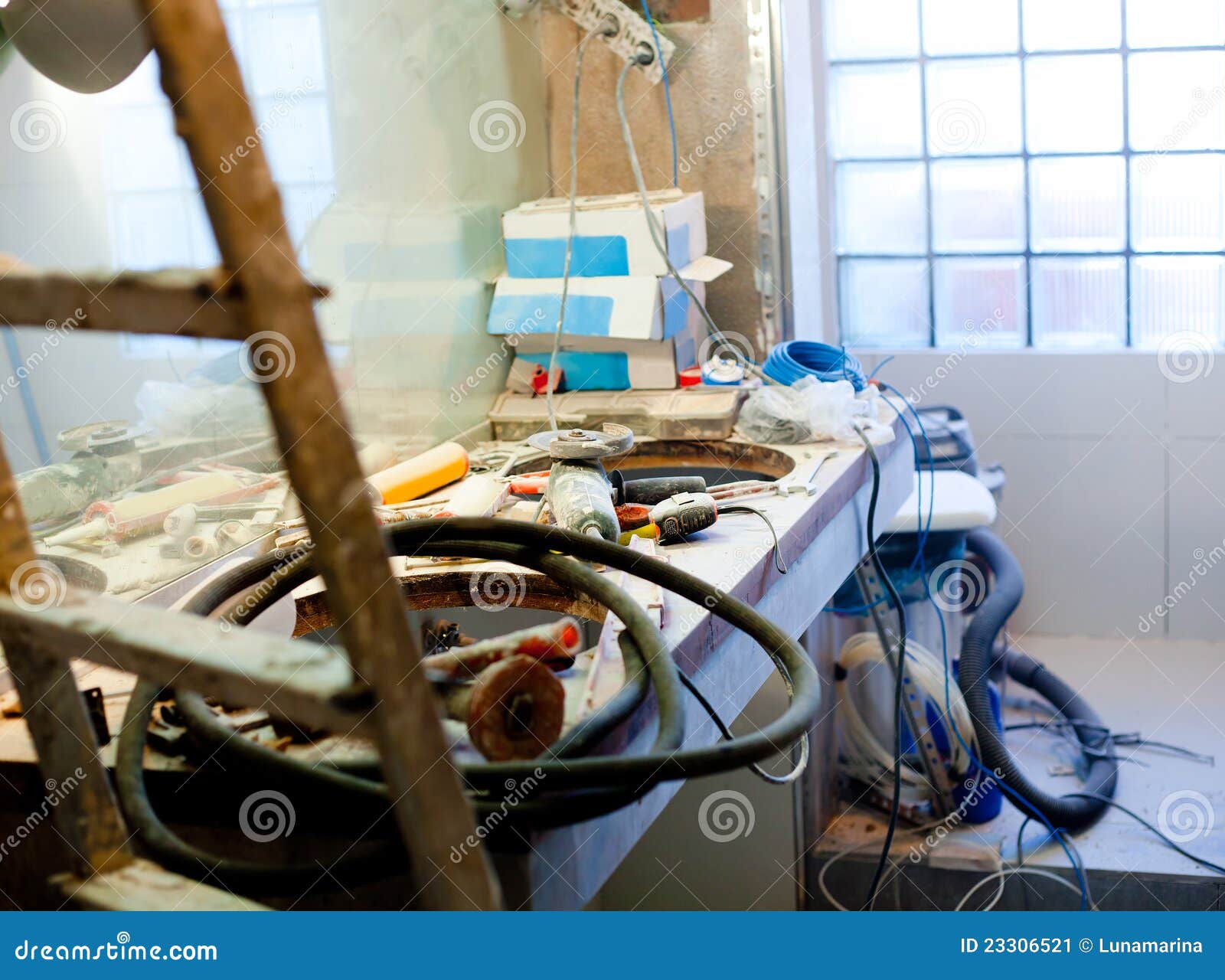 Bathroom Improvement with Messy Clutter Stock Image - Image of ...