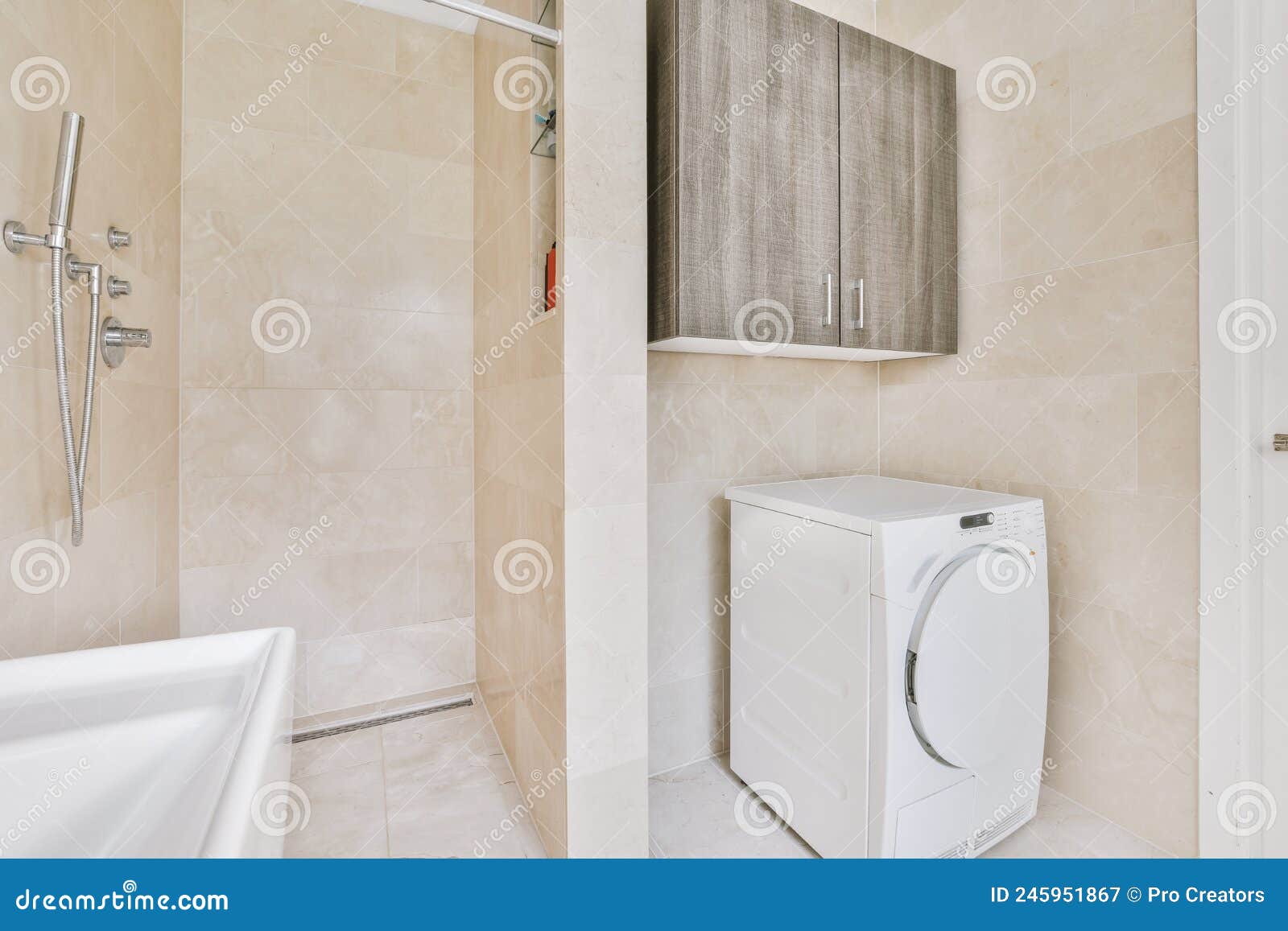 Bathroom Interior with Shower and Washing Machine Stock Image - Image ...
