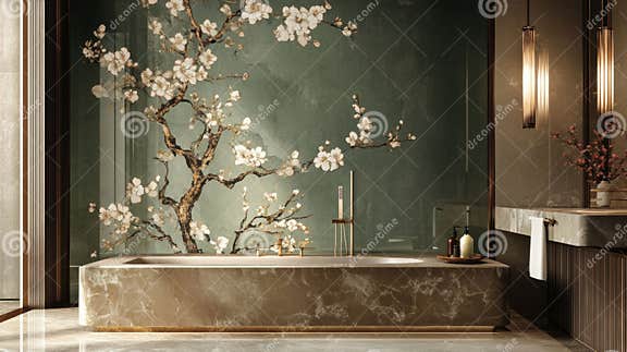 A Bathroom with a Large Tub and a Tree Mural Stock Illustration ...