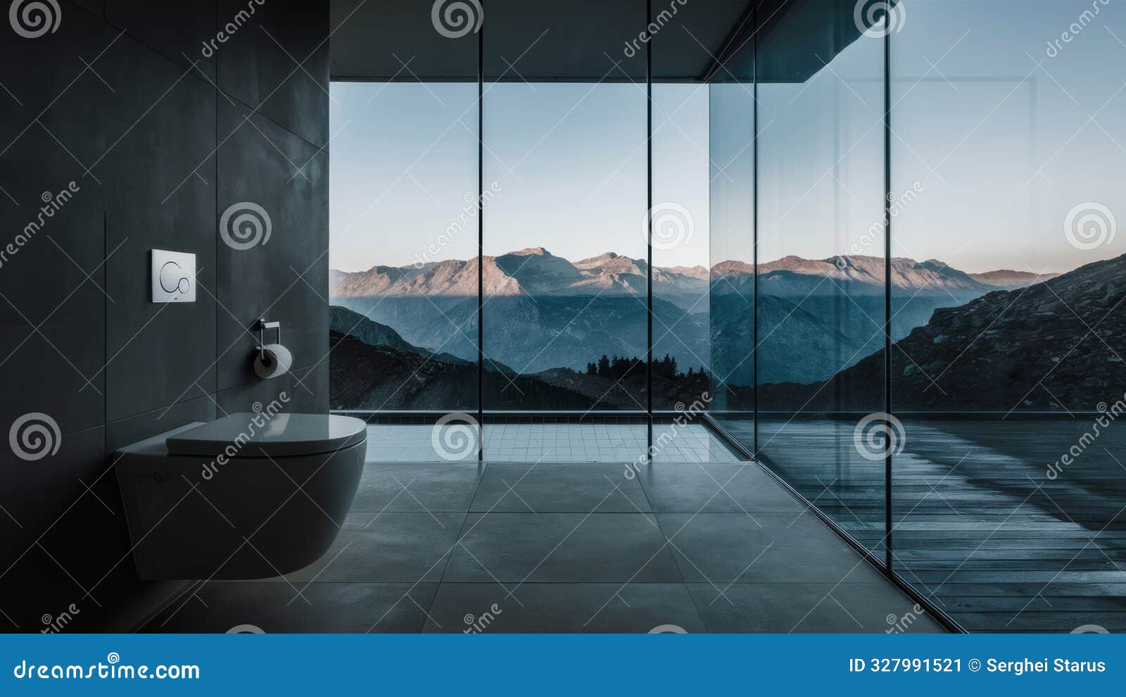 A Bathroom with a Large Window Overlooking the Mountains and Snow, AI ...