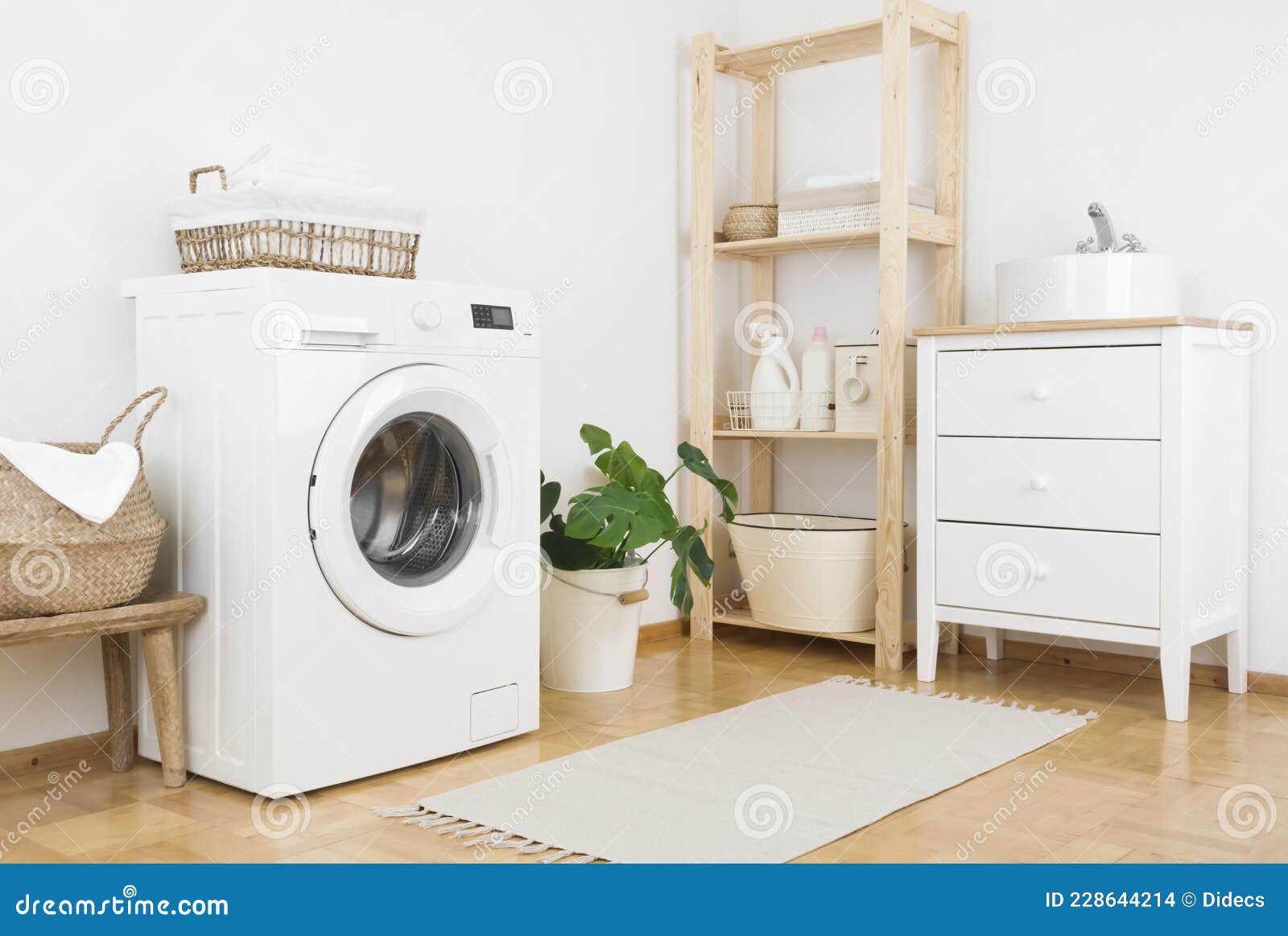 Bathroom Laundry Corner Interior with Washing Machine, Storage and Sink ...