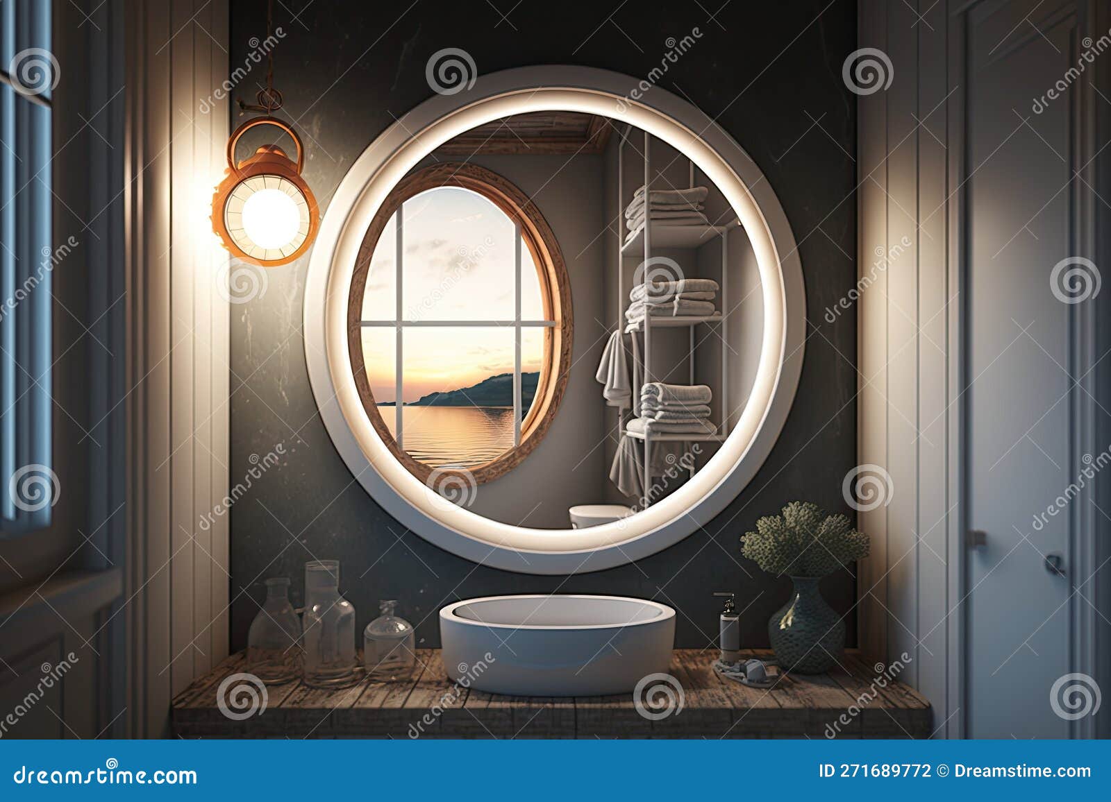 Bathroom with a Lighted Round Mirror and a Dingy Decor Stock ...
