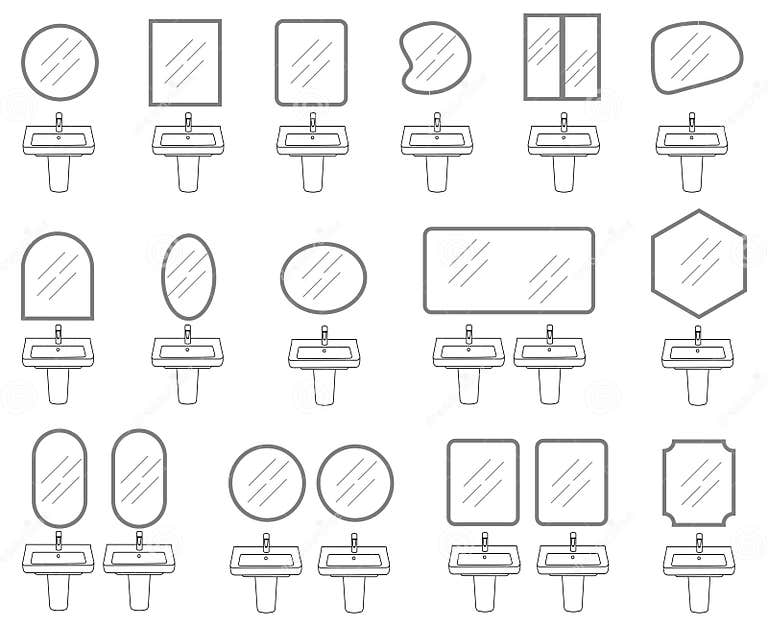 Bathroom Mirror Set and Wash Basin, Several Shapes, Vector Line Stock ...