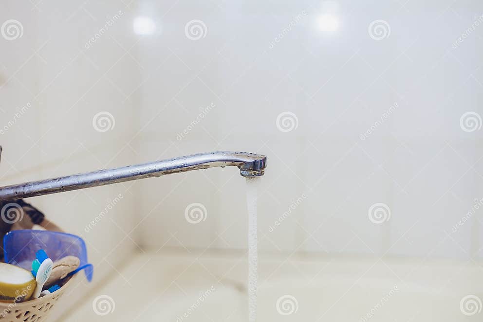Bathroom. Open Bath Water Tap with Running Water Stock Image - Image of ...