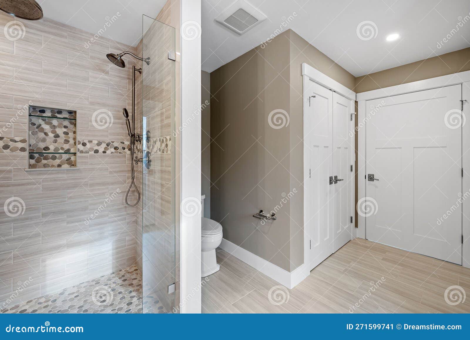 Bathroom with Open Shower Doors and Tiles on the Wall Stock Image ...