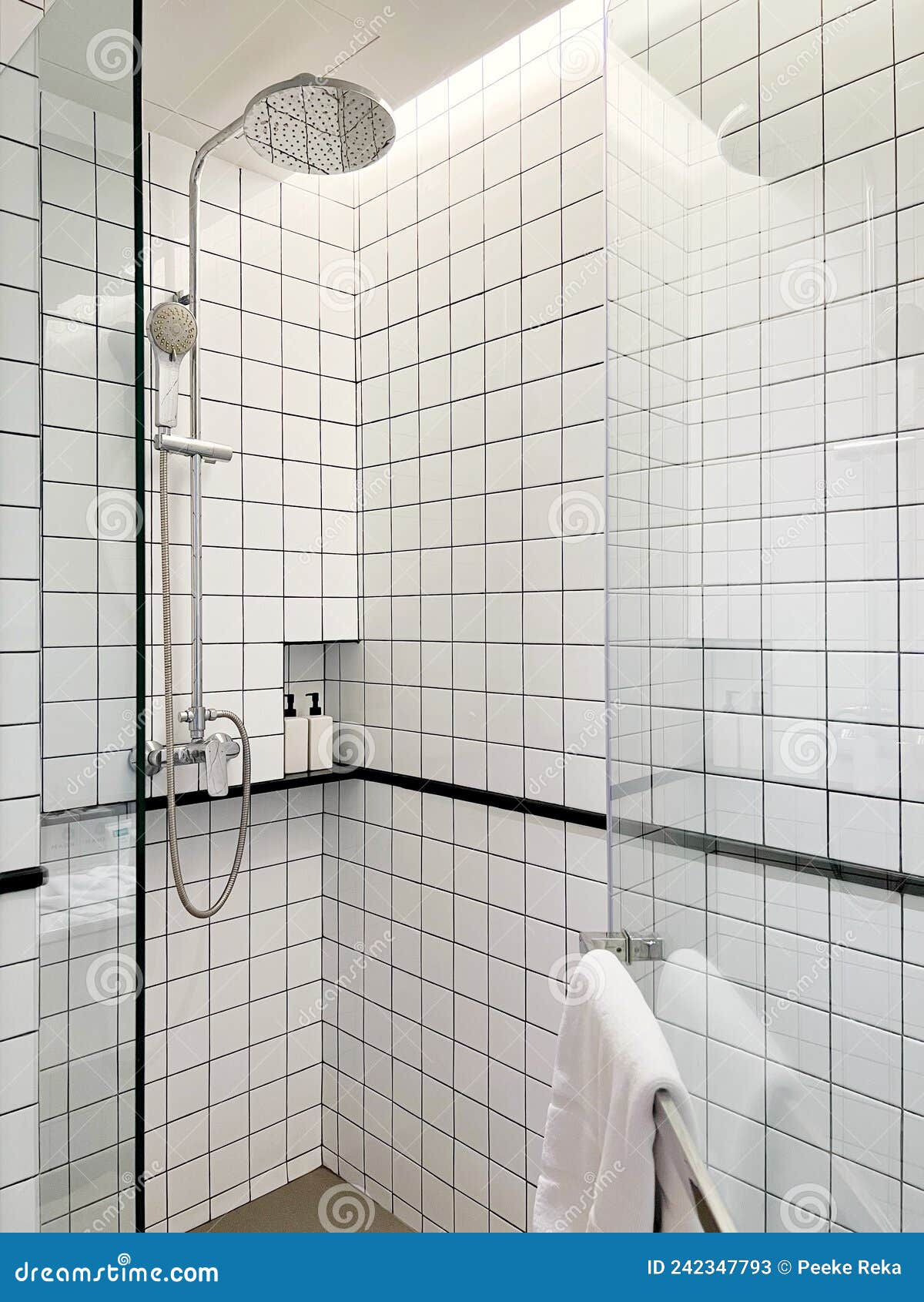 Bathroom with Rain Shower on Pattern Tile Wall Stock Image - Image of ...