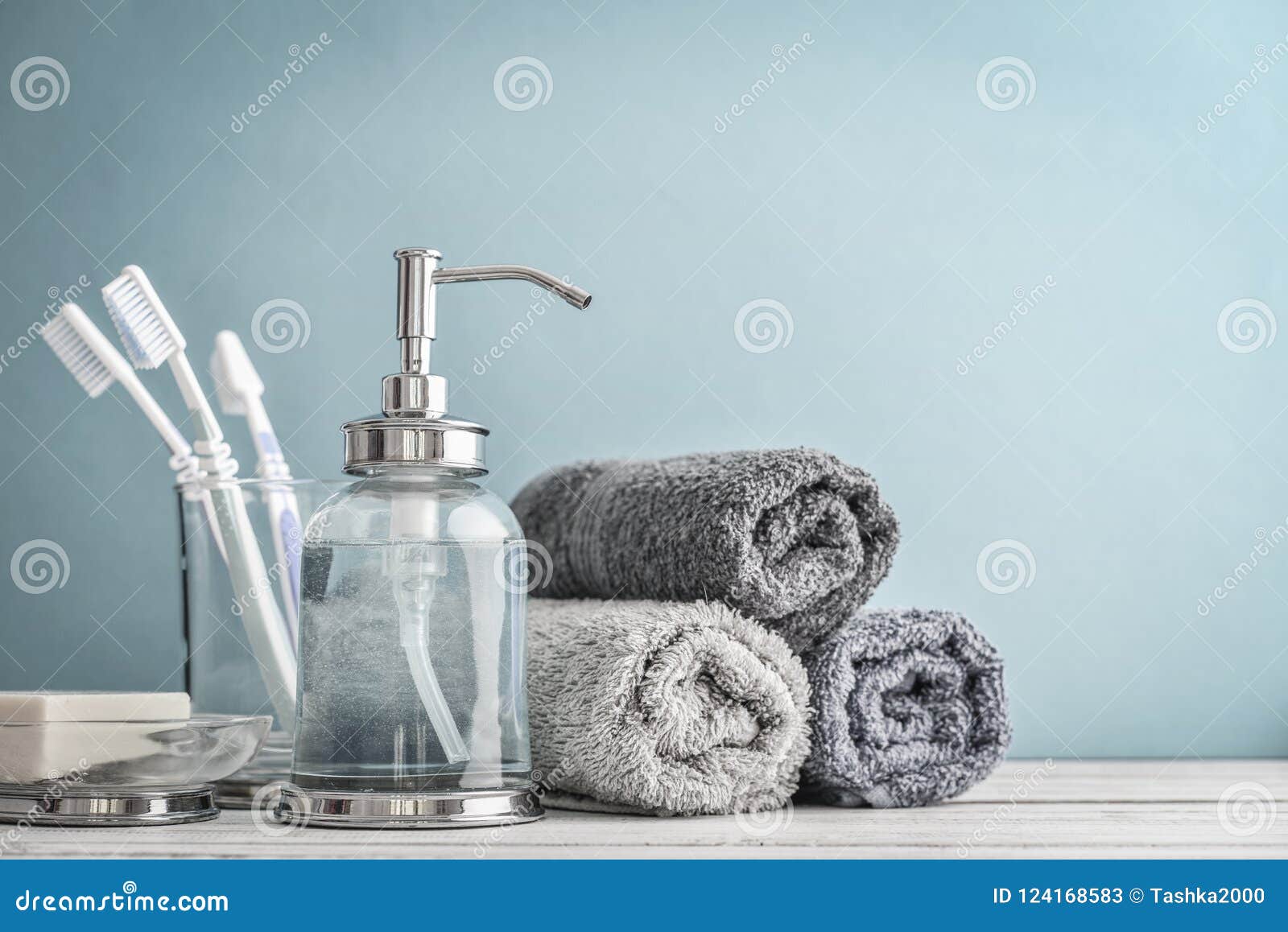 Bathroom Set with Toothbrushes, Towels and Soap Stock Image - Image of ...