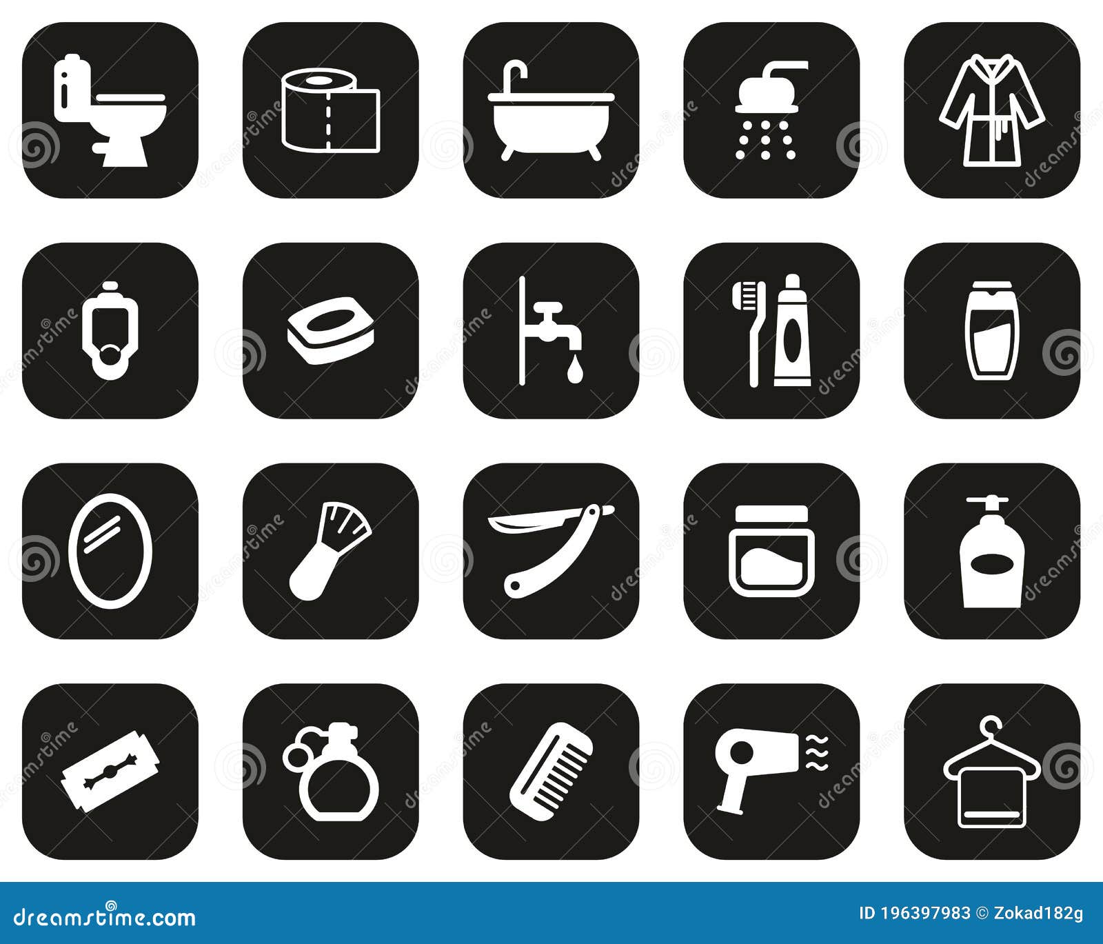 Bathroom or Shower Icons White on Black Flat Design Set Big Stock ...