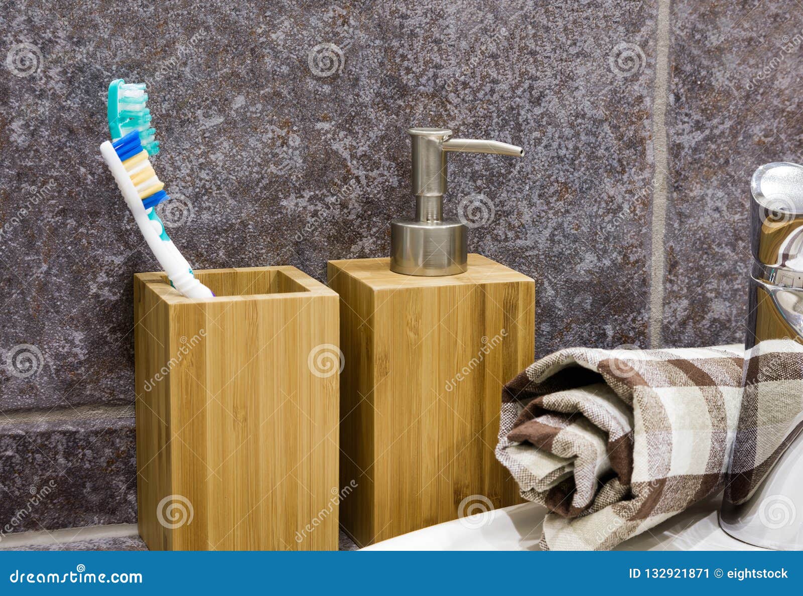 Bathroom Sink Area Design, in Bathroom with Dark Tiles Stock Image ...