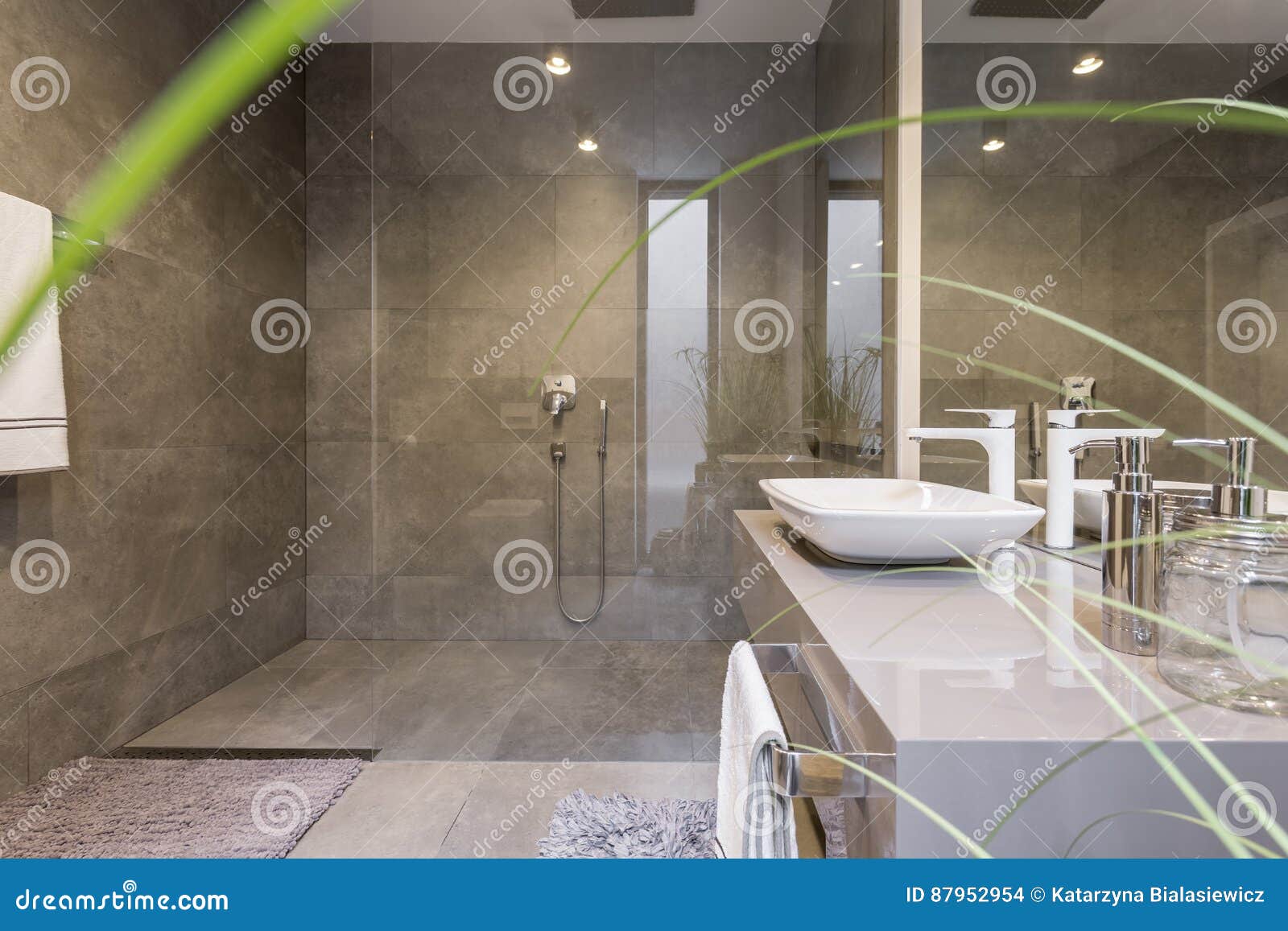 Spacious Shower Behind Glass Sliding Doors Stock Photography ...