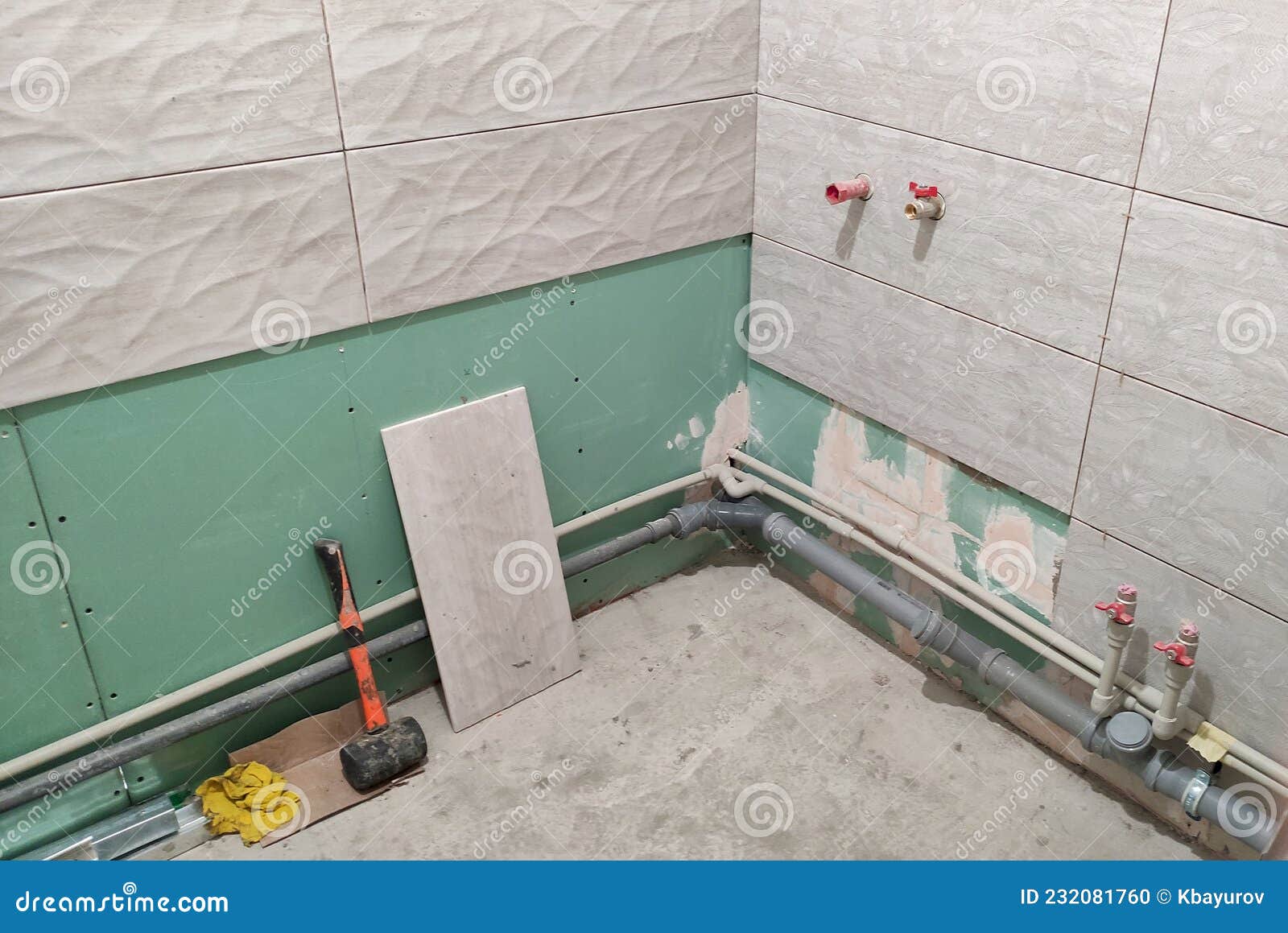 Bathroom Tile Installation, Construction Work in the Corner of the Room ...