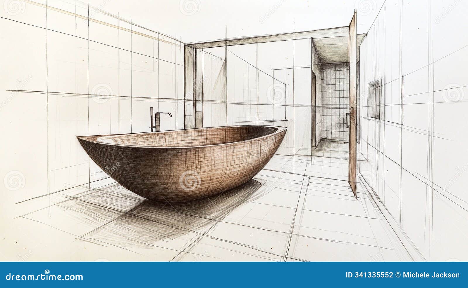 Bathroom with Tub Plan Sketch 3D Drawing Stock Illustration ...