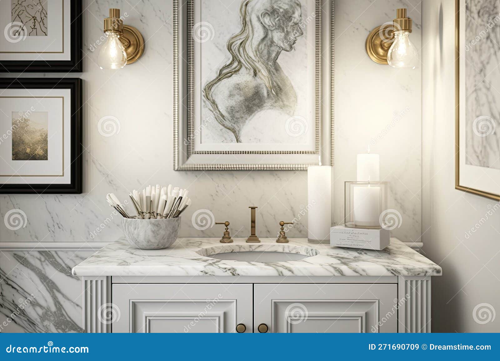 Bathroom Vignette Featuring an Empty Montage Space on a Marble Vanity ...