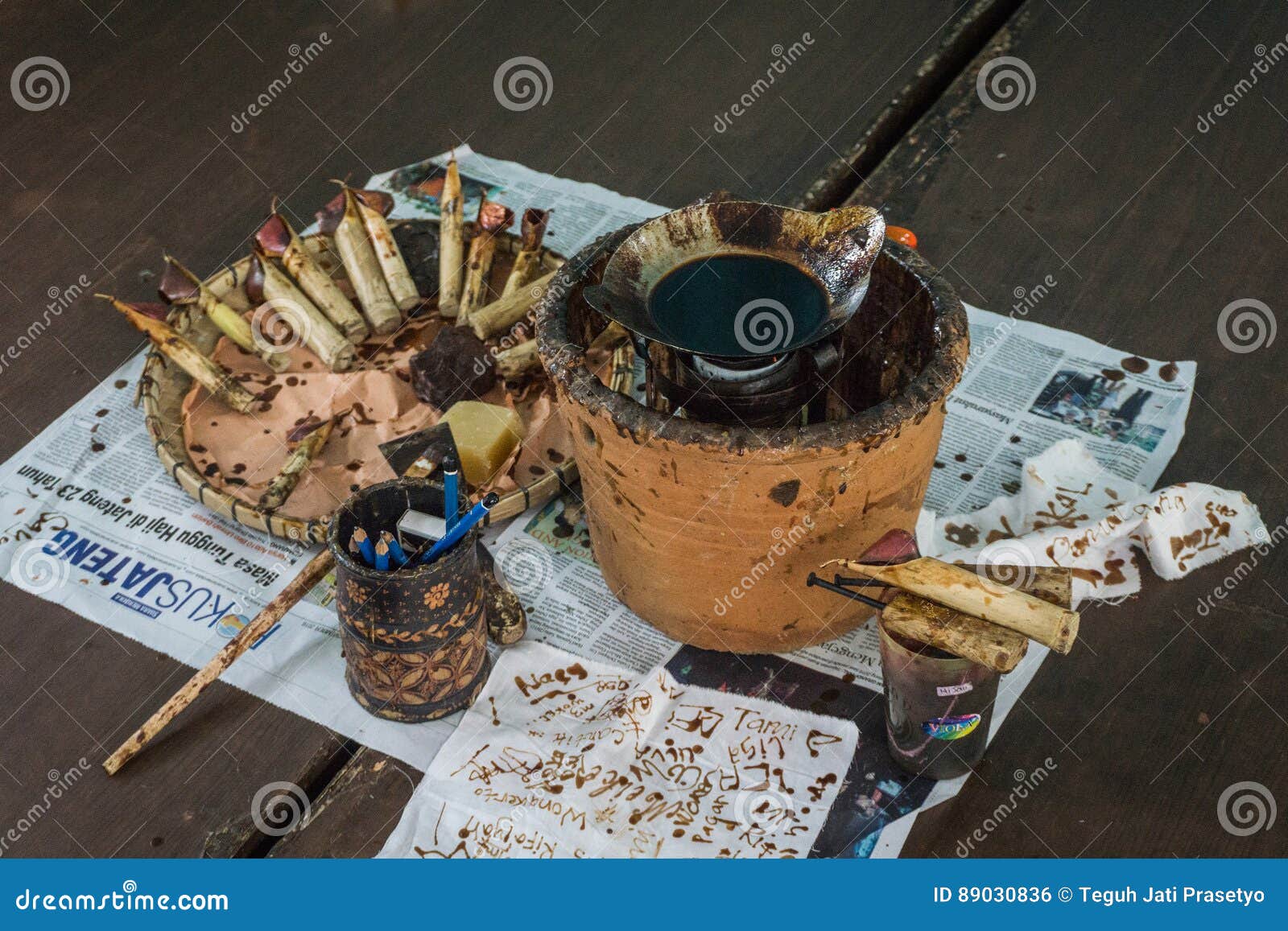 Batik Tools, Canting and Hot Wax on Top of Wood Table for Batik ...