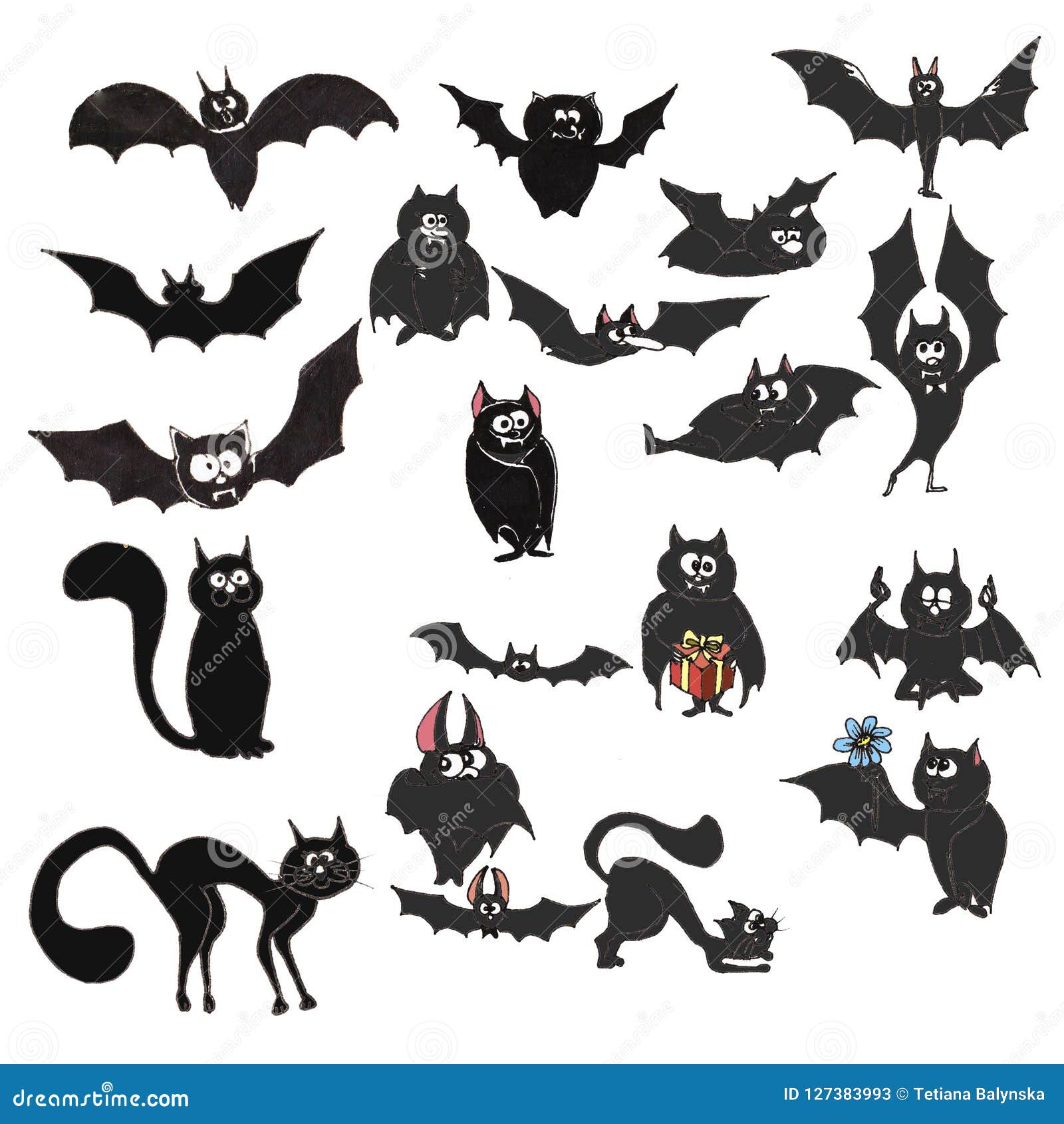 Bats and Cats on White Background Stock Illustration - Illustration of ...