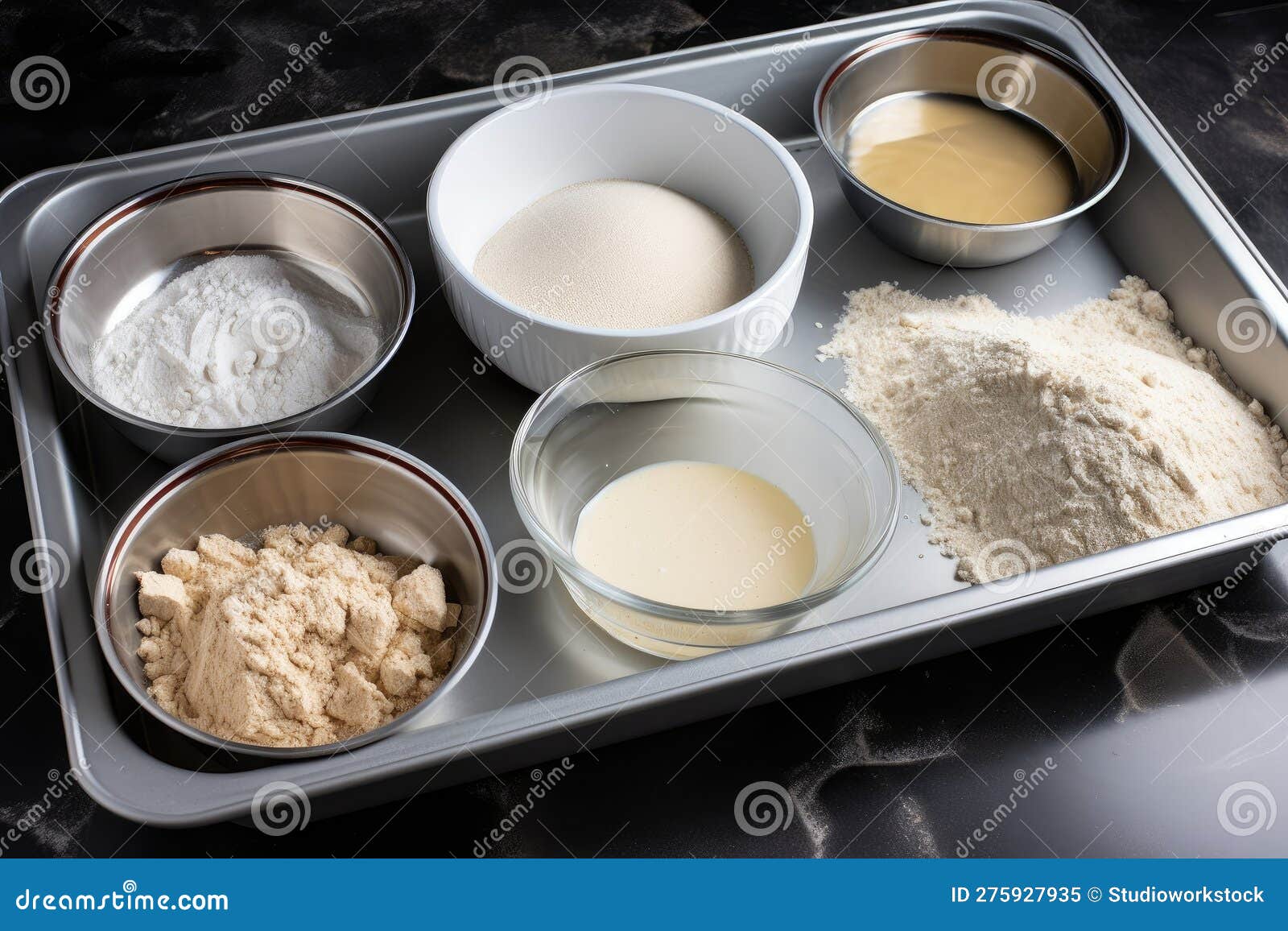 Batter, Flour, and Sugar in Various Containers on Baking Sheet Stock ...
