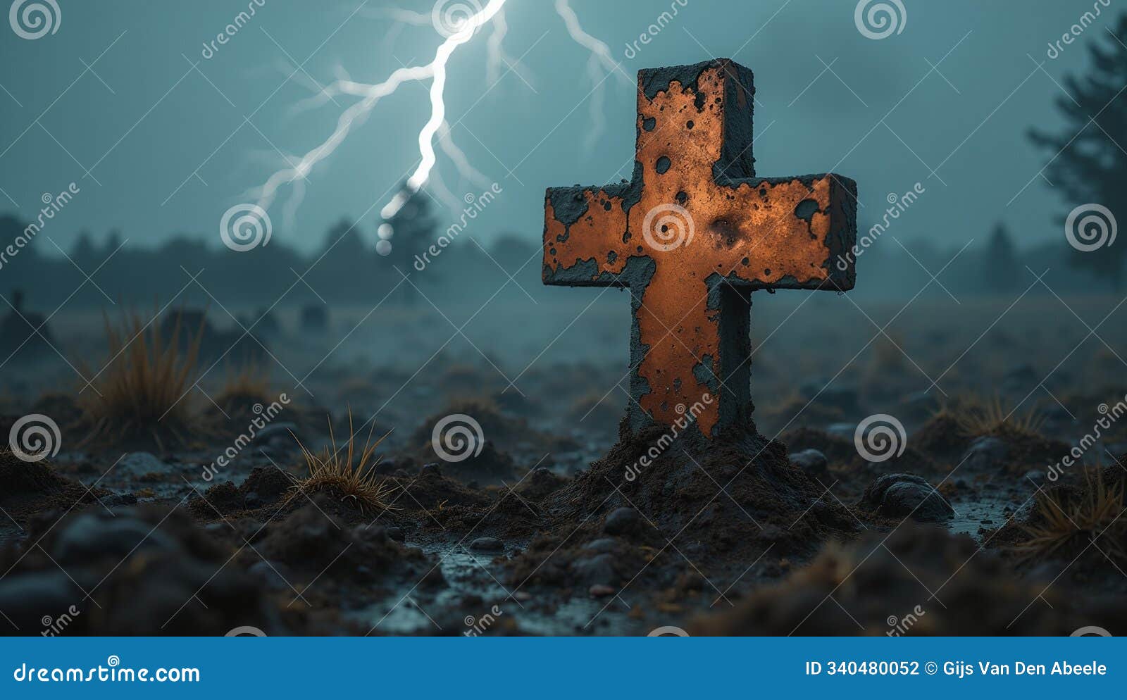 Battered Copper Cross Halfburied in Ancient Battlefield Illuminated by ...