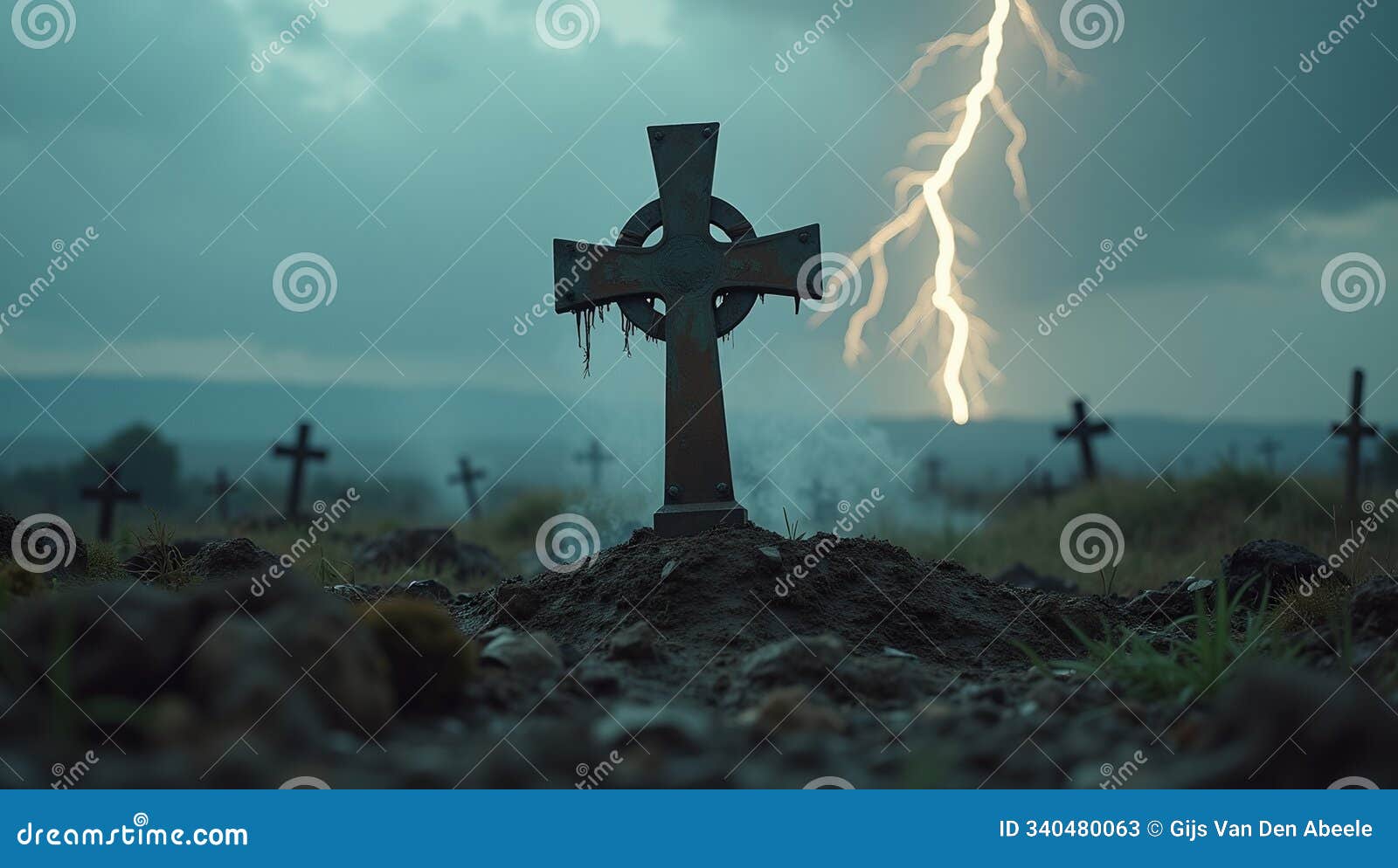 Battered Copper Cross Halfburied in Ancient Battlefield Illuminated by ...