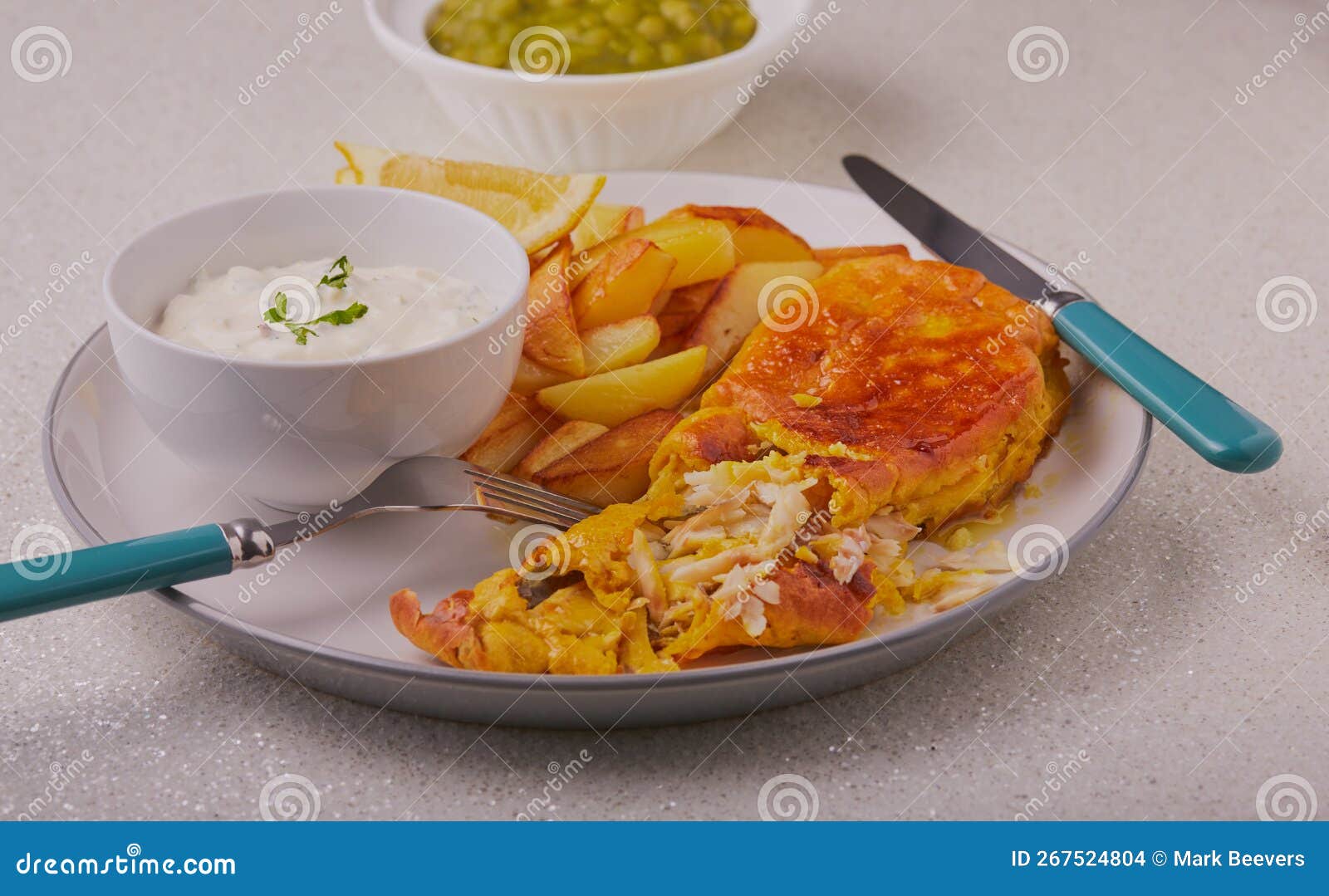 Battered Fish with Chips,peas and Sauce. Stock Photo - Image of haddock ...