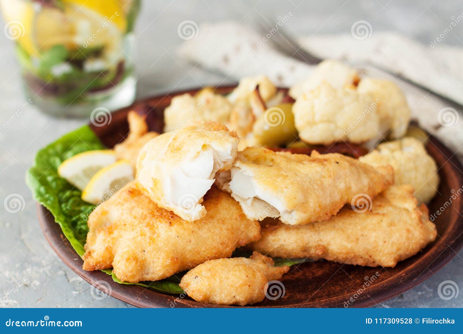 Battered Fish with Cauliflower Stock Photo - Image of food, plate ...