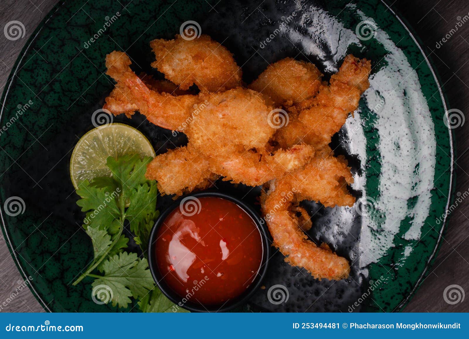 Battered Prawns with Copy Space Chili Sauce Stock Image - Image of ...
