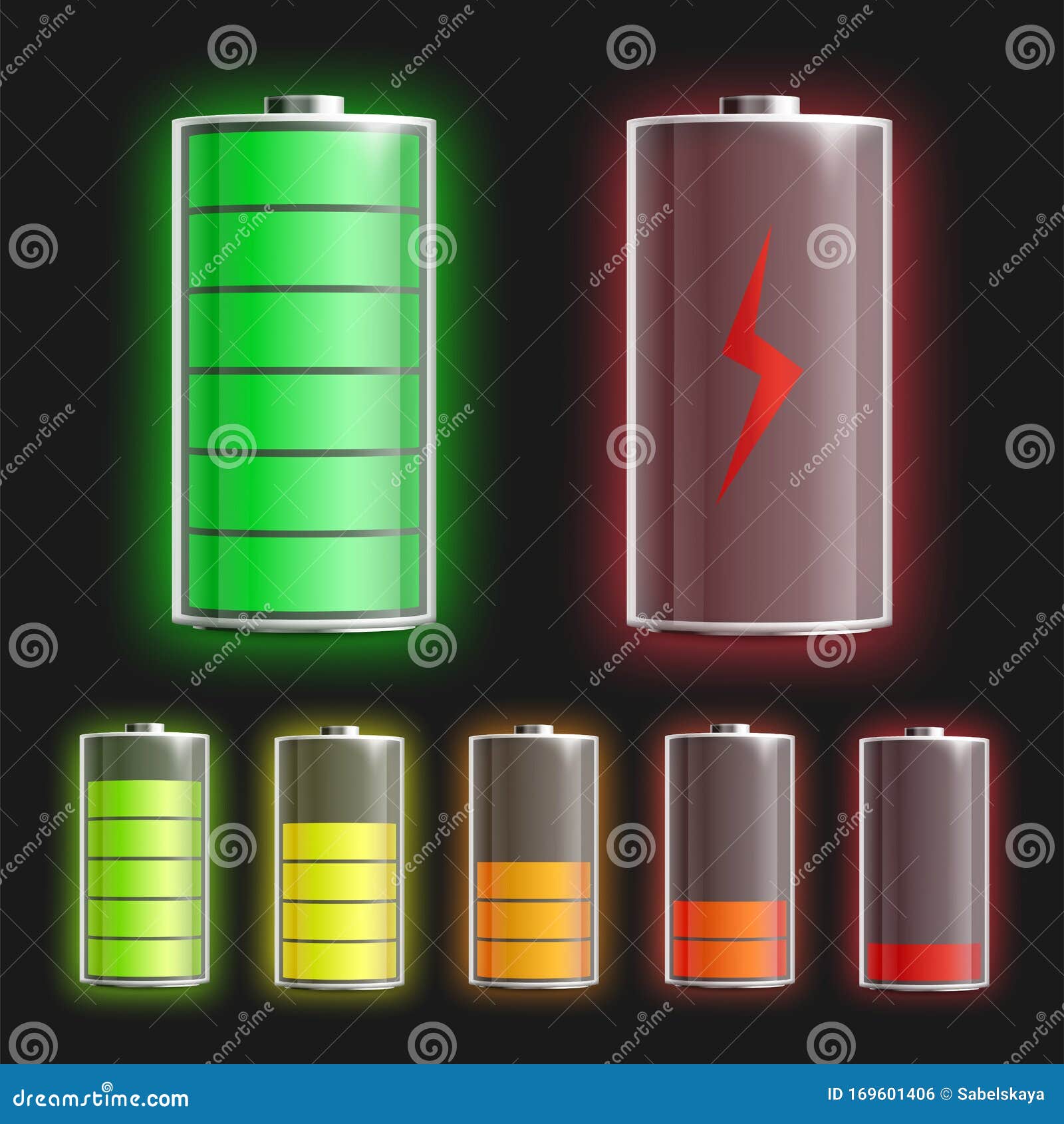 Batteries Mockups Set with Power Level Indicators, Vector Illustration ...