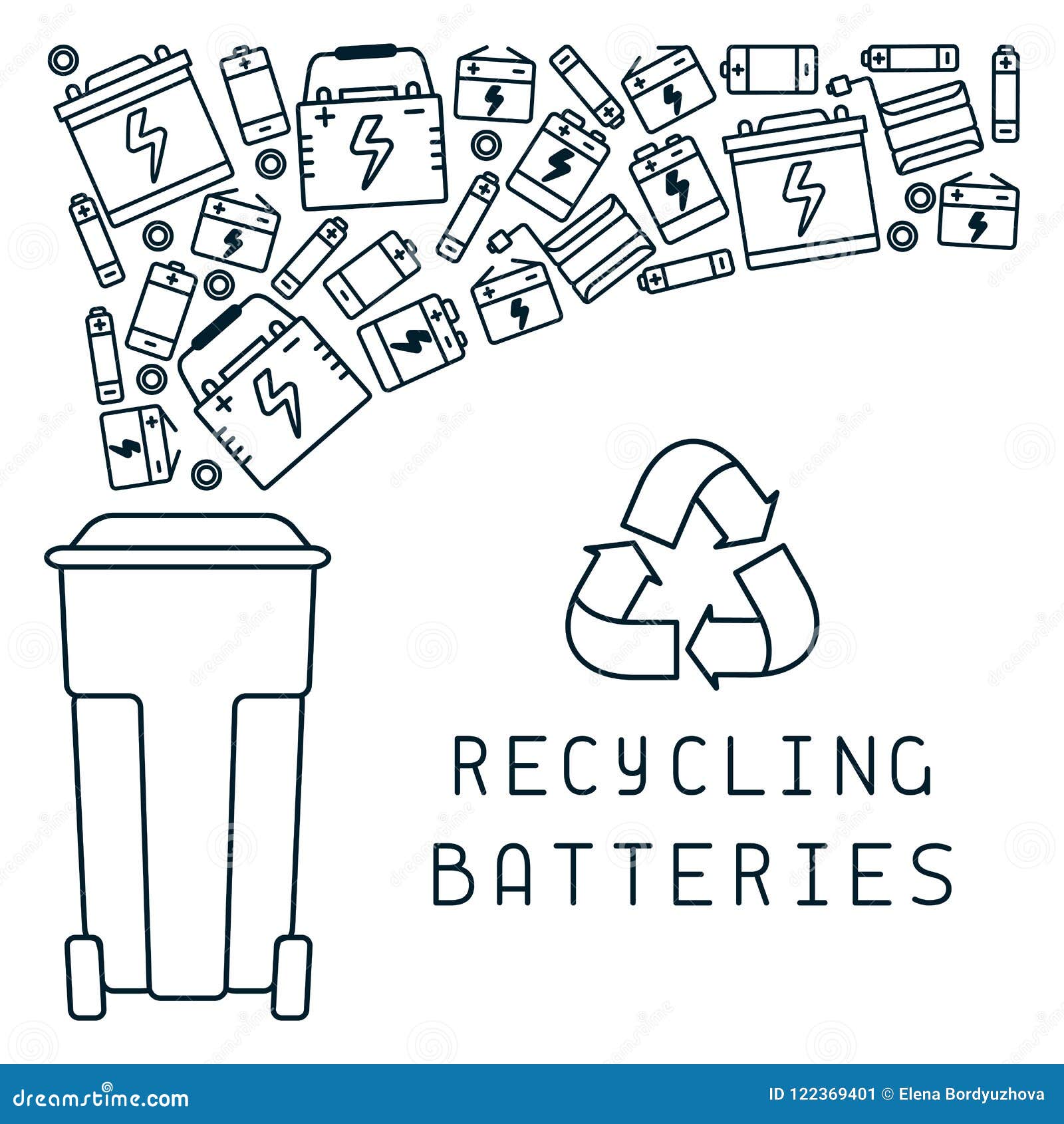 Batteries Recycling Illustration With Trash, Dumpster And Lettering ...