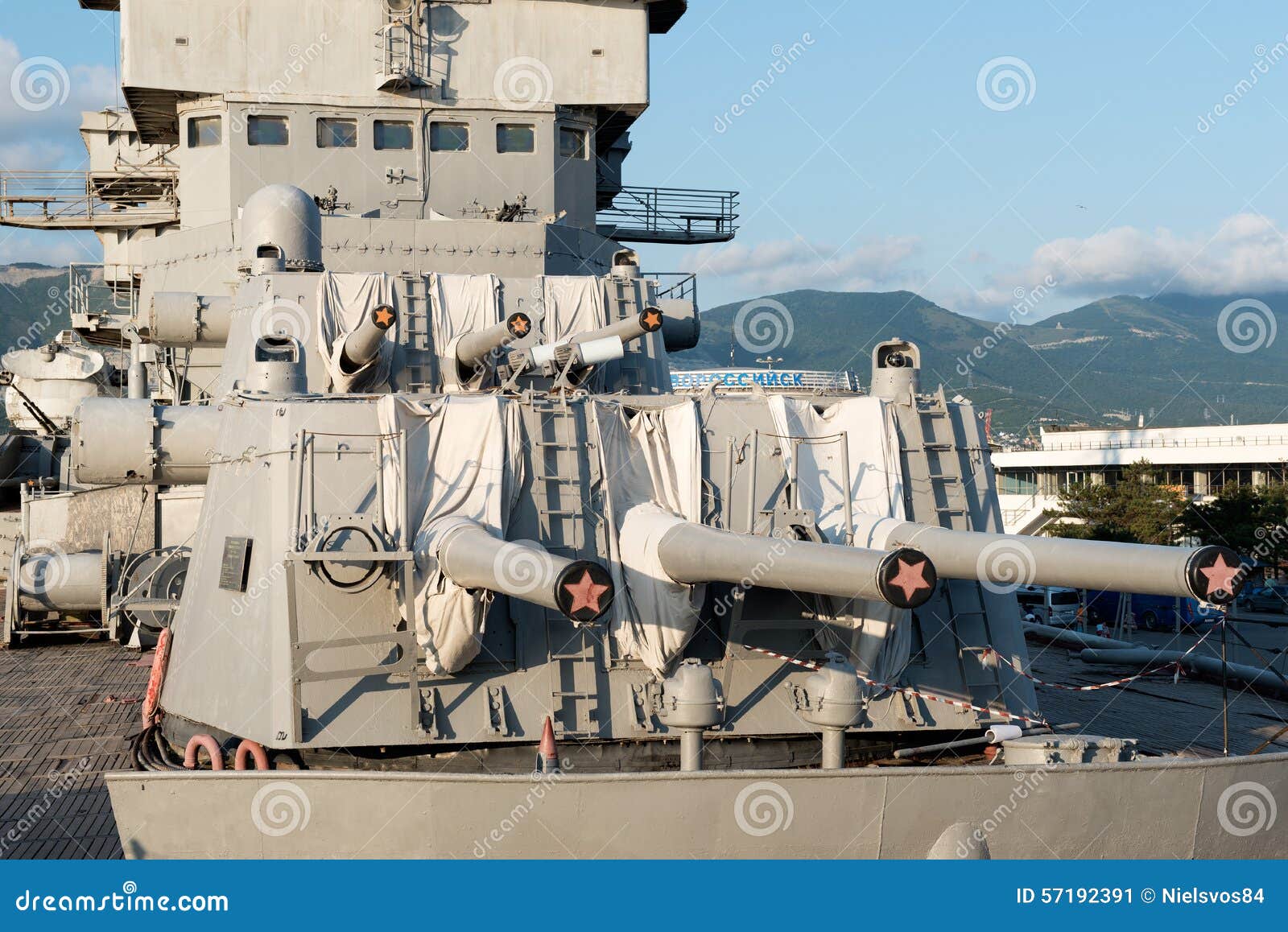 On The Deck Of A Battle Cruiser Facing The Powerful Cannons Stock Photo ...