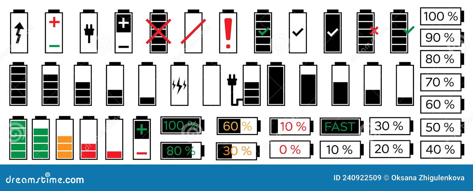 Battery Charge Indicator Icon Set. Full Low and Empty Charge Status ...