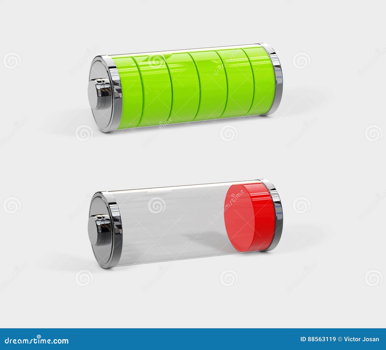 Battery Charging. Battery Full and Empty Energy, Isolated on Grey, 3d ...