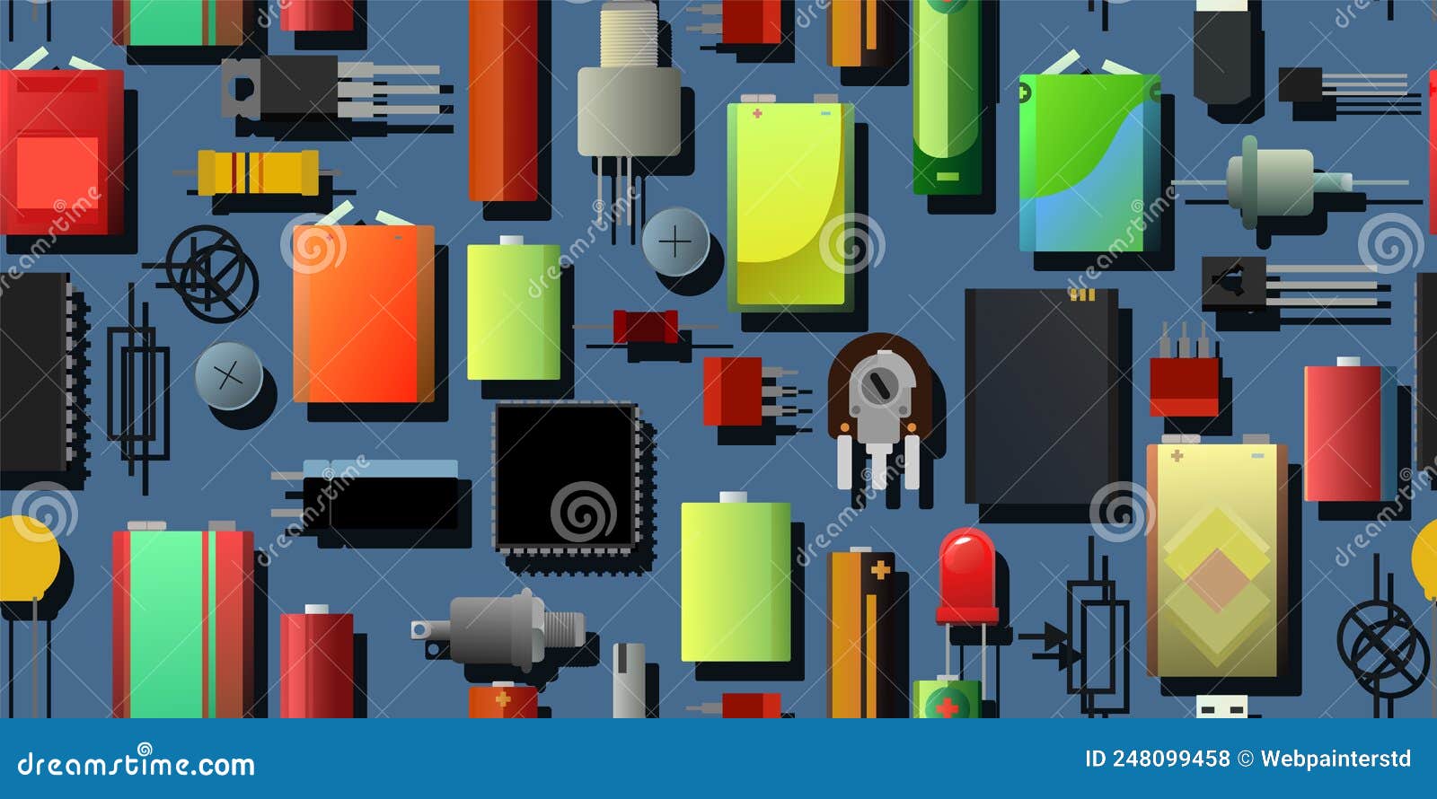 Battery Energy Source And Radio Components. Seamless Pattern ...