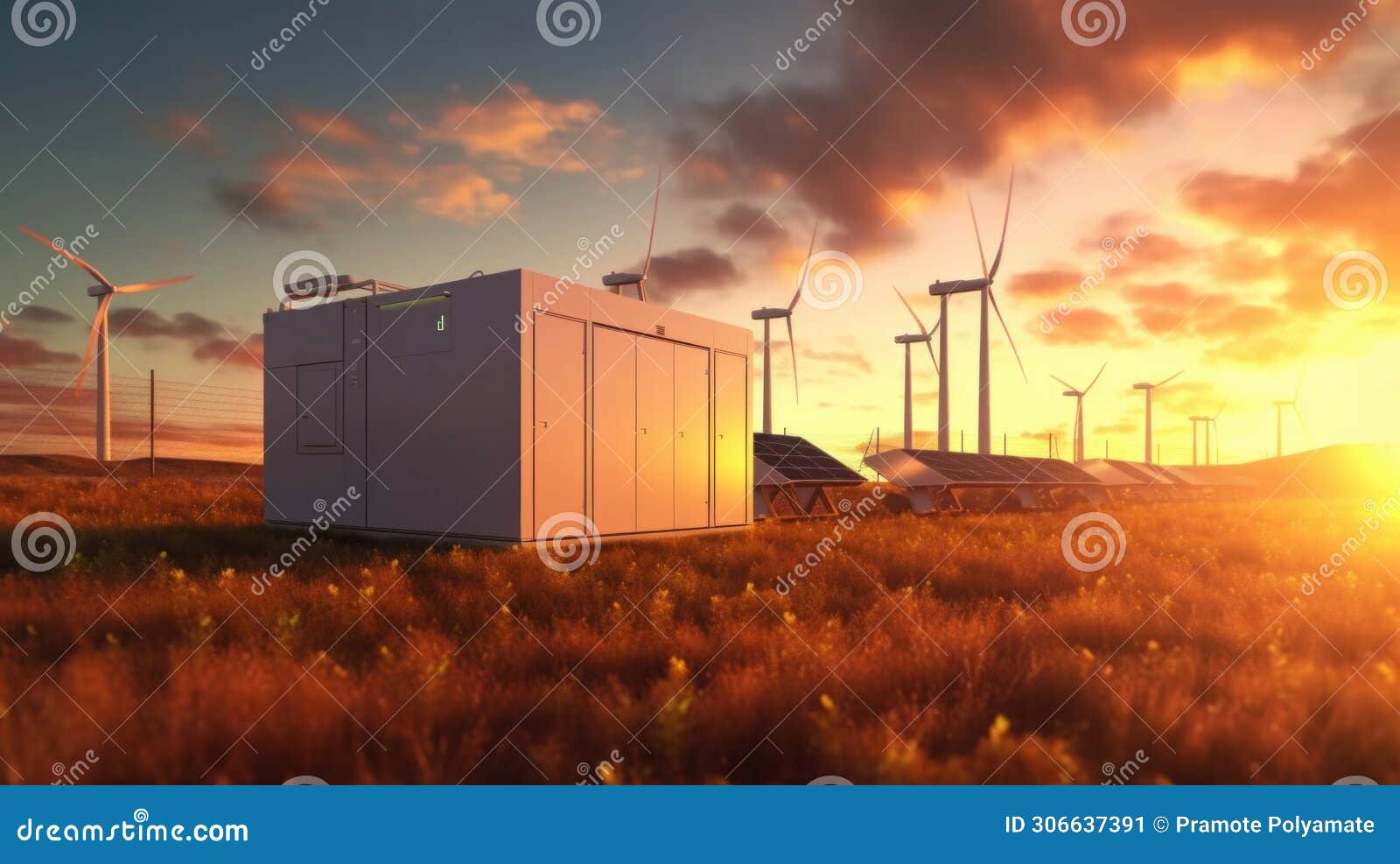 Battery Energy Storage System with Wind Turbines and Solar Stock Image ...