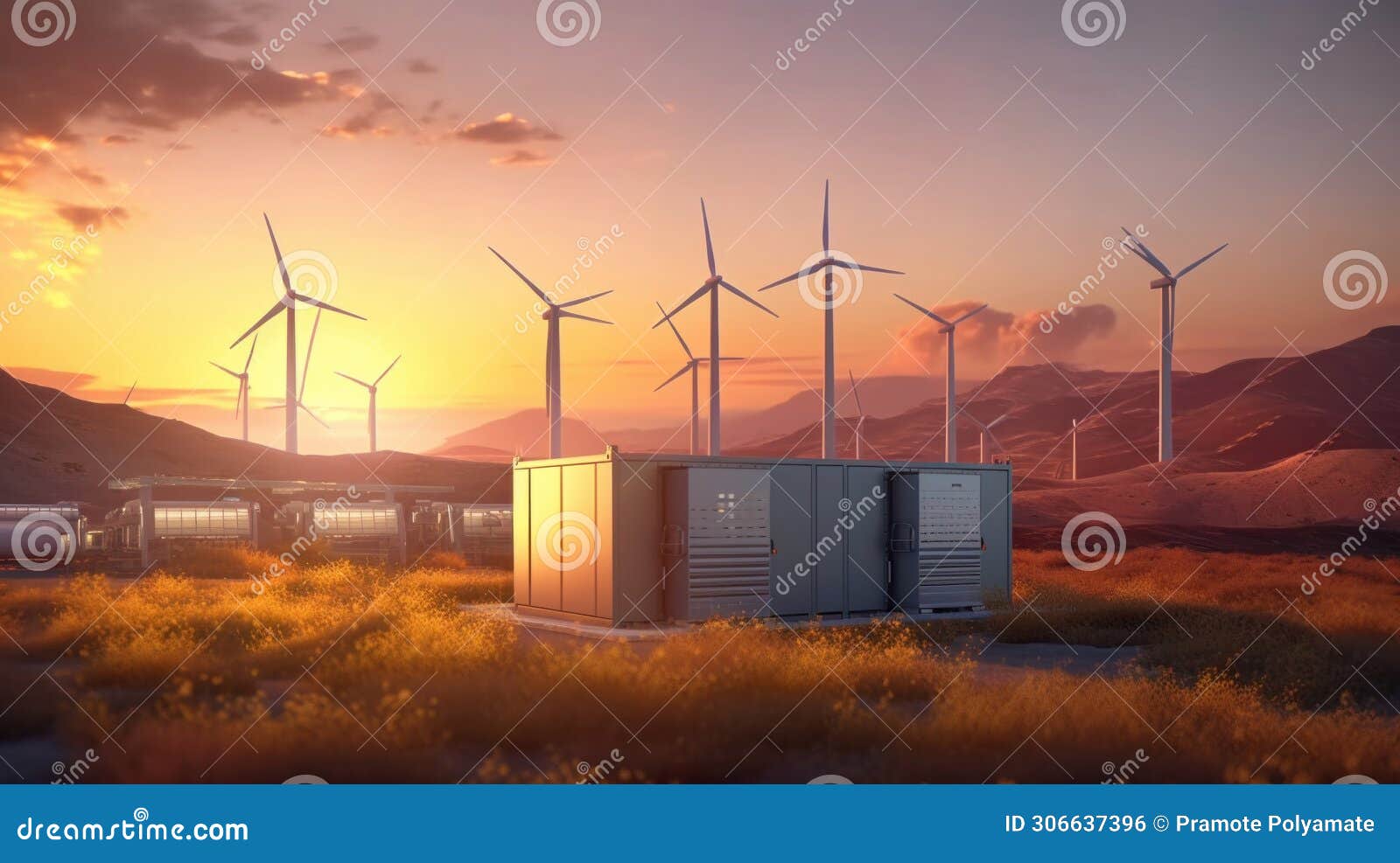 Battery Energy Storage System with Wind Turbines and Solar Stock Photo ...