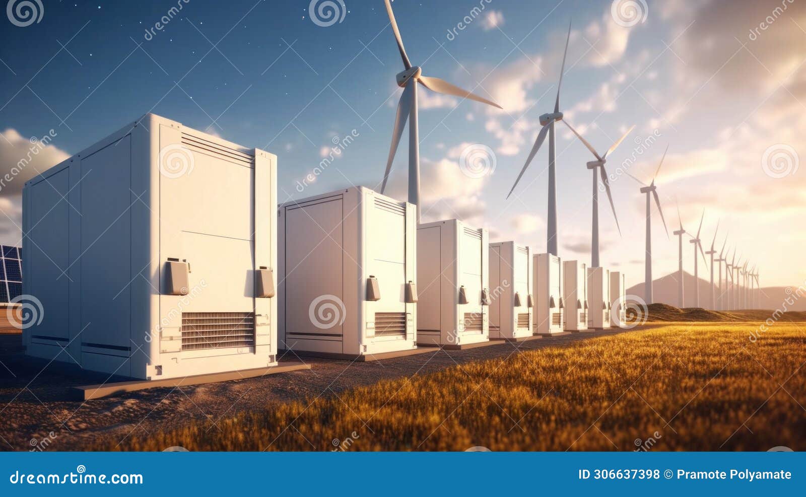 Battery Energy Storage System with Wind Turbines and Solar Stock Photo ...