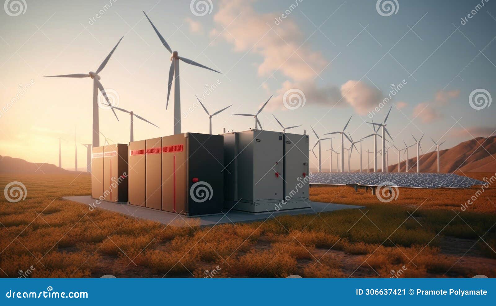 Battery Energy Storage System with Wind Turbines and Solar Stock Image ...