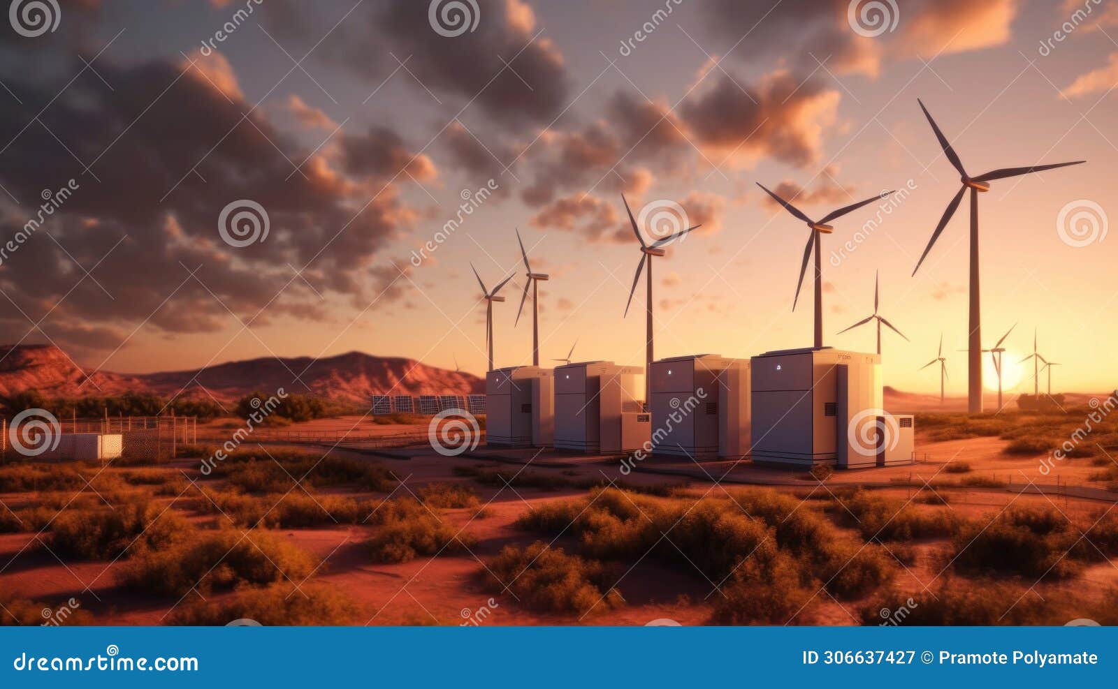 Battery Energy Storage System with Wind Turbines and Solar Stock Image ...