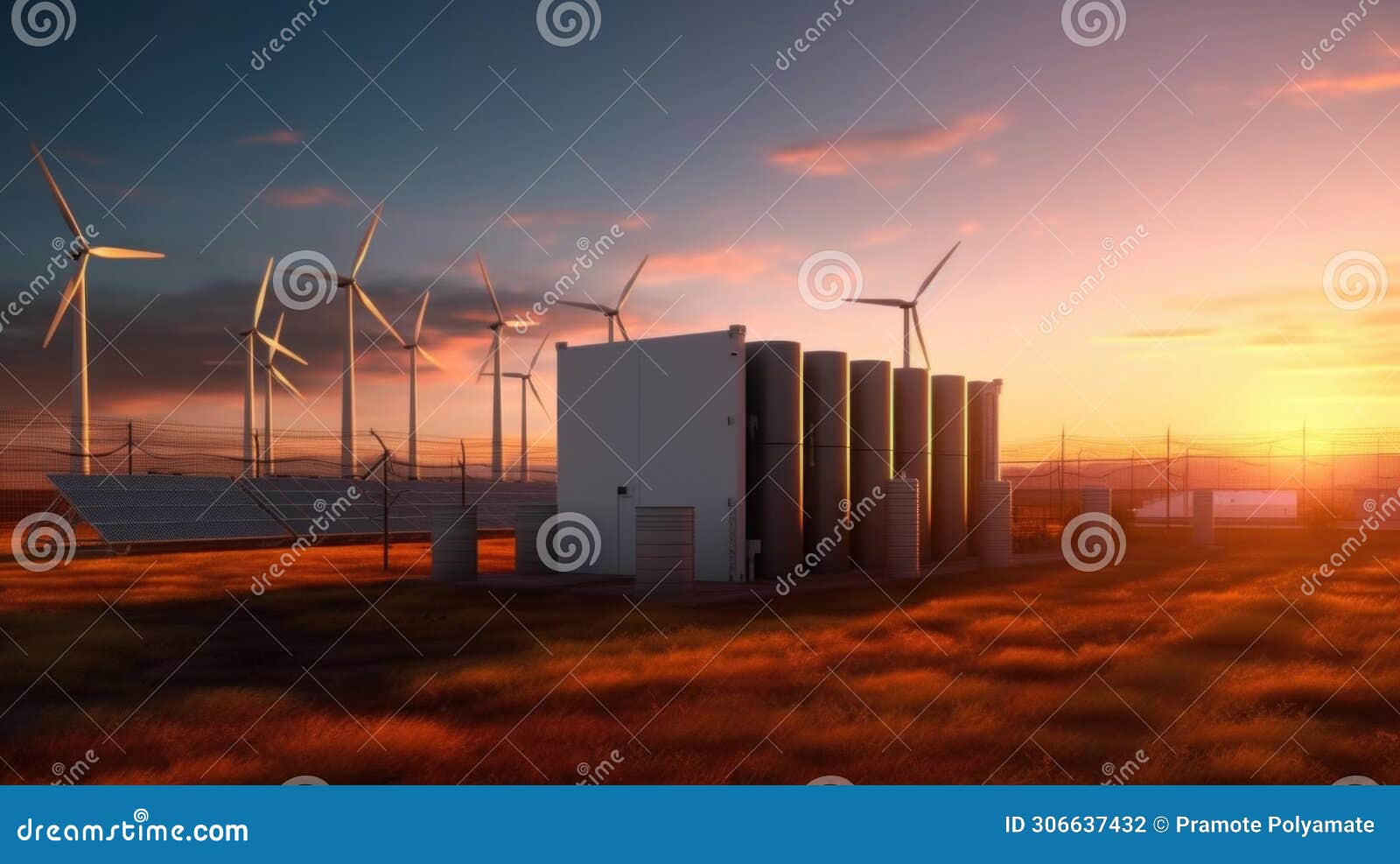 Battery Energy Storage System with Wind Turbines and Solar Stock Photo ...