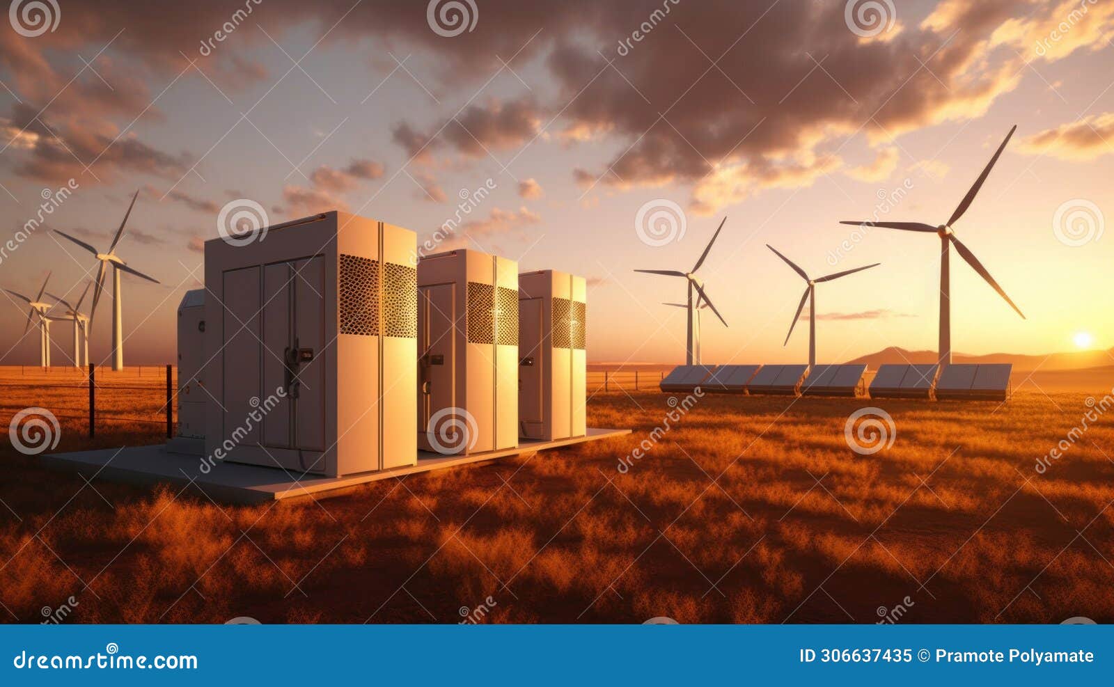 Battery Energy Storage System with Wind Turbines and Solar Stock Image ...