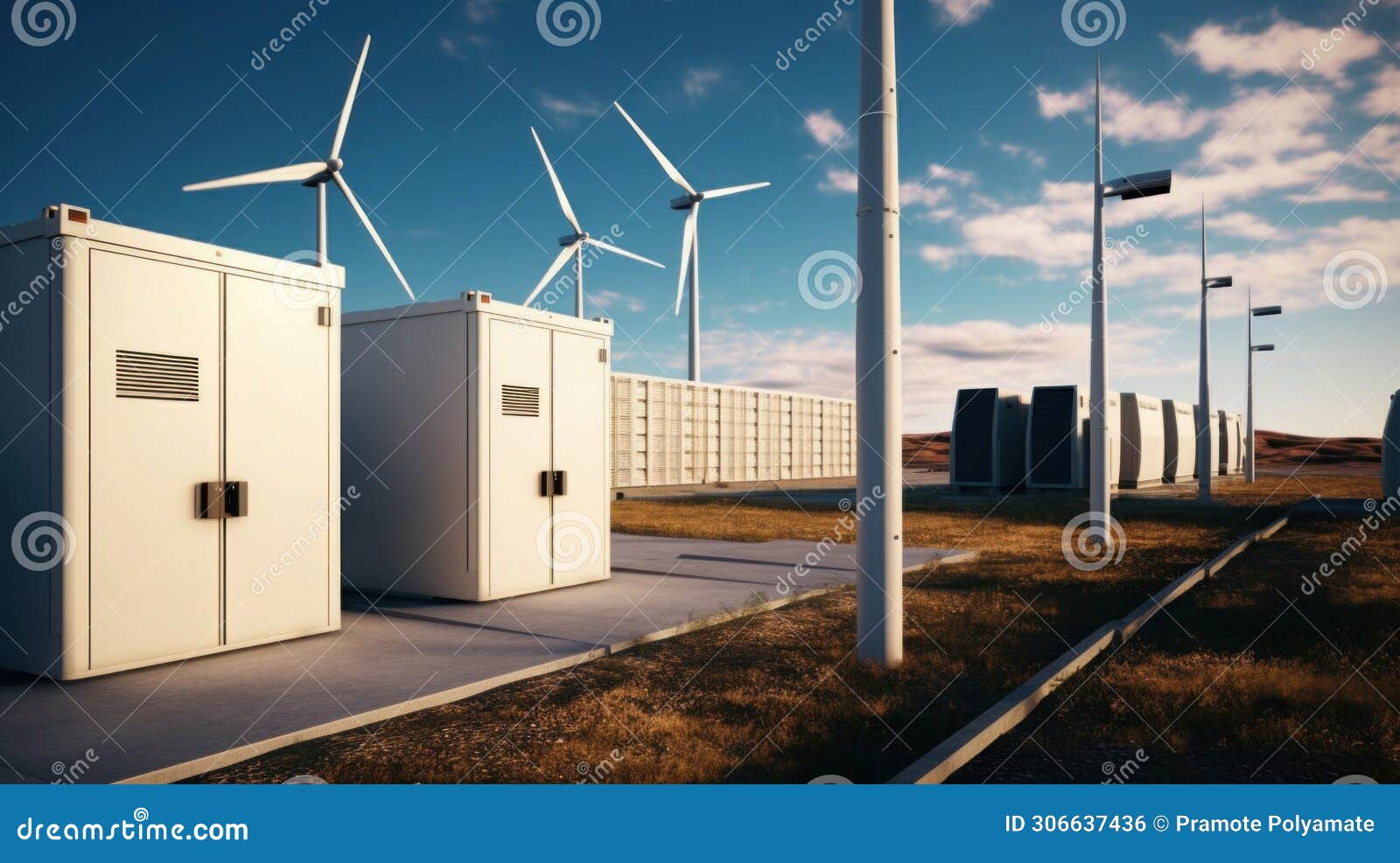 Battery Energy Storage System with Wind Turbines and Solar Stock Photo ...