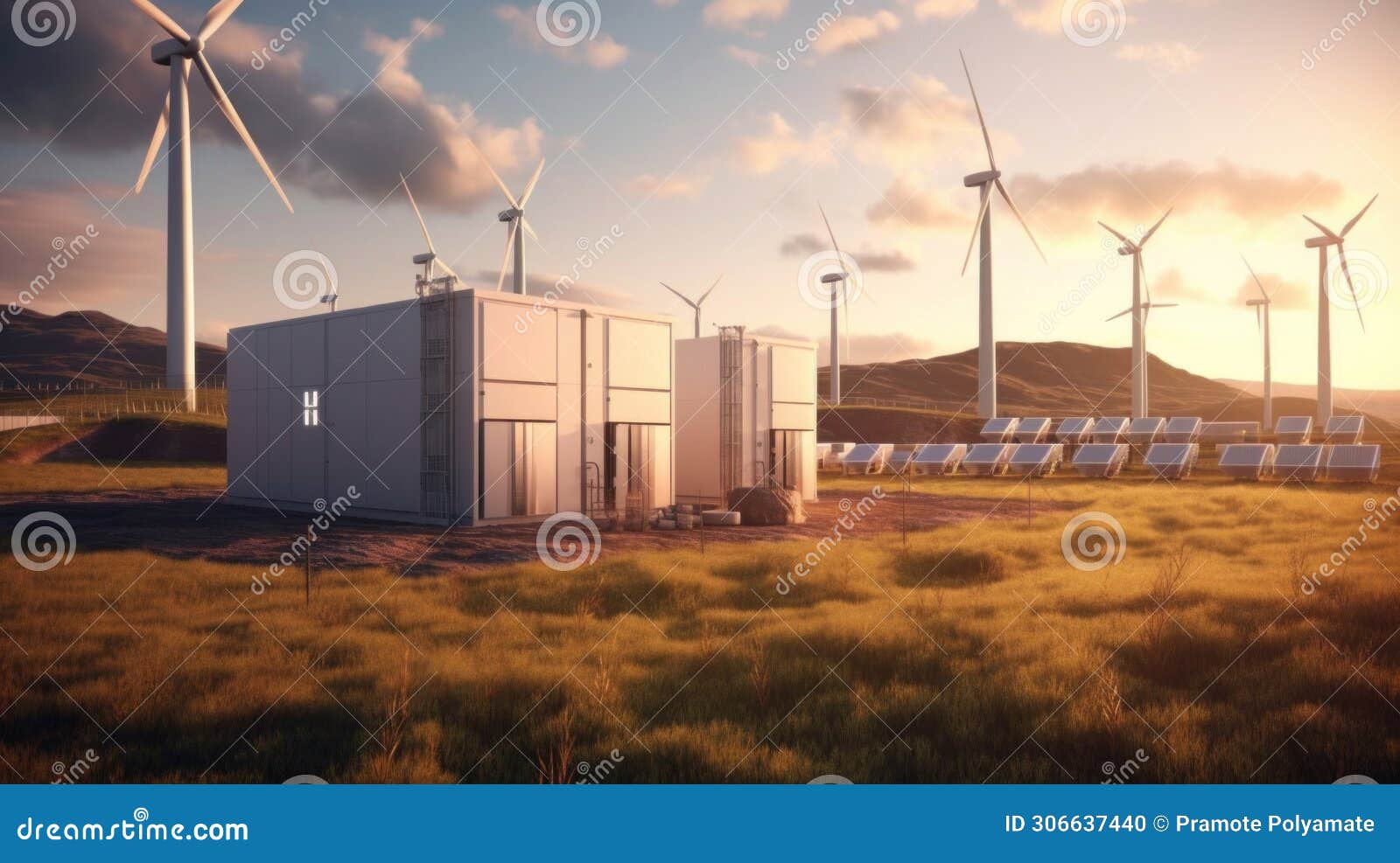 Battery Energy Storage System with Wind Turbines and Solar Stock Photo ...