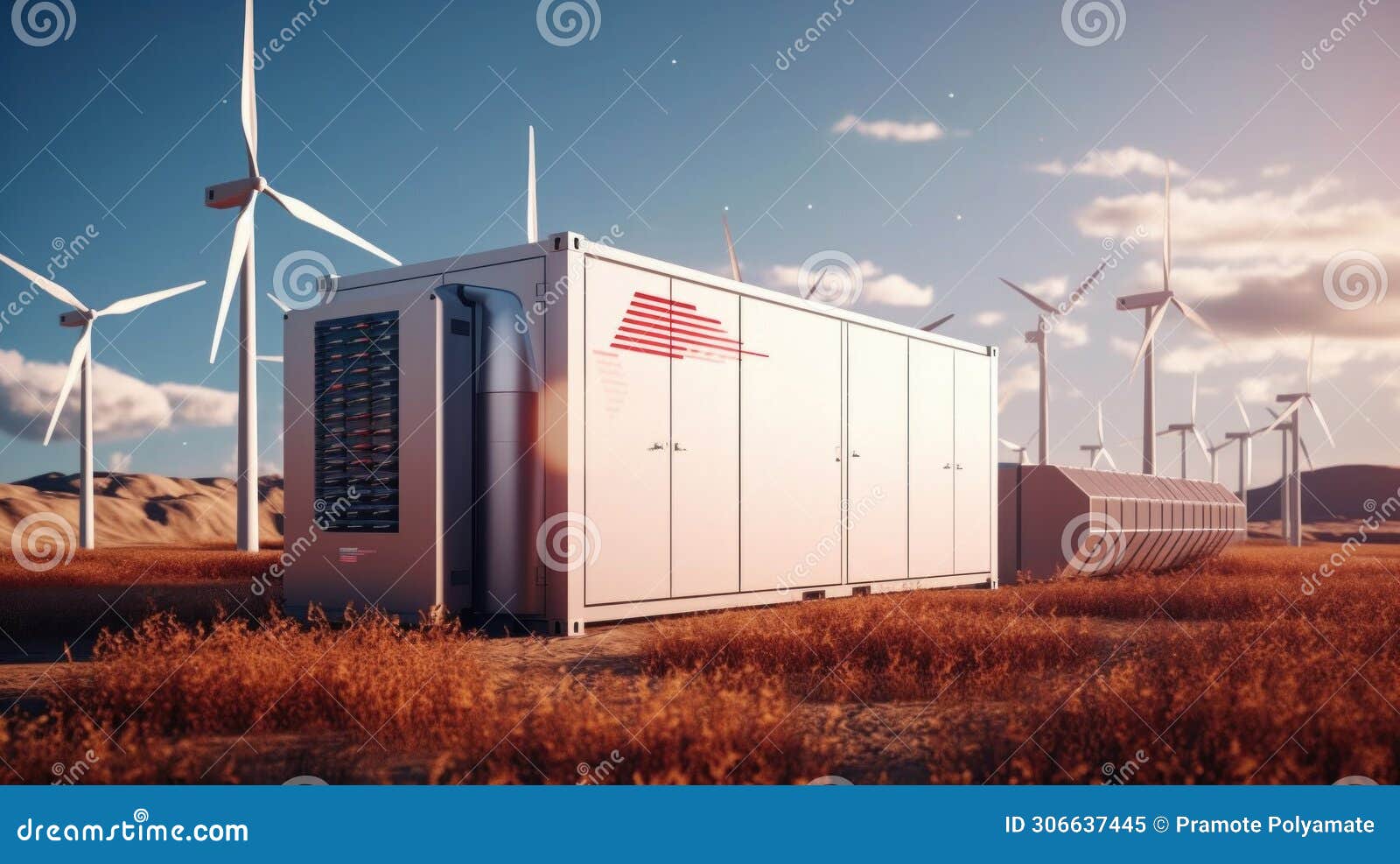 Battery Energy Storage System with Wind Turbines and Solar Stock Image ...