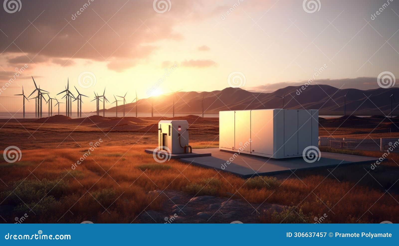 Battery Energy Storage System with Wind Turbines and Solar Stock Image ...