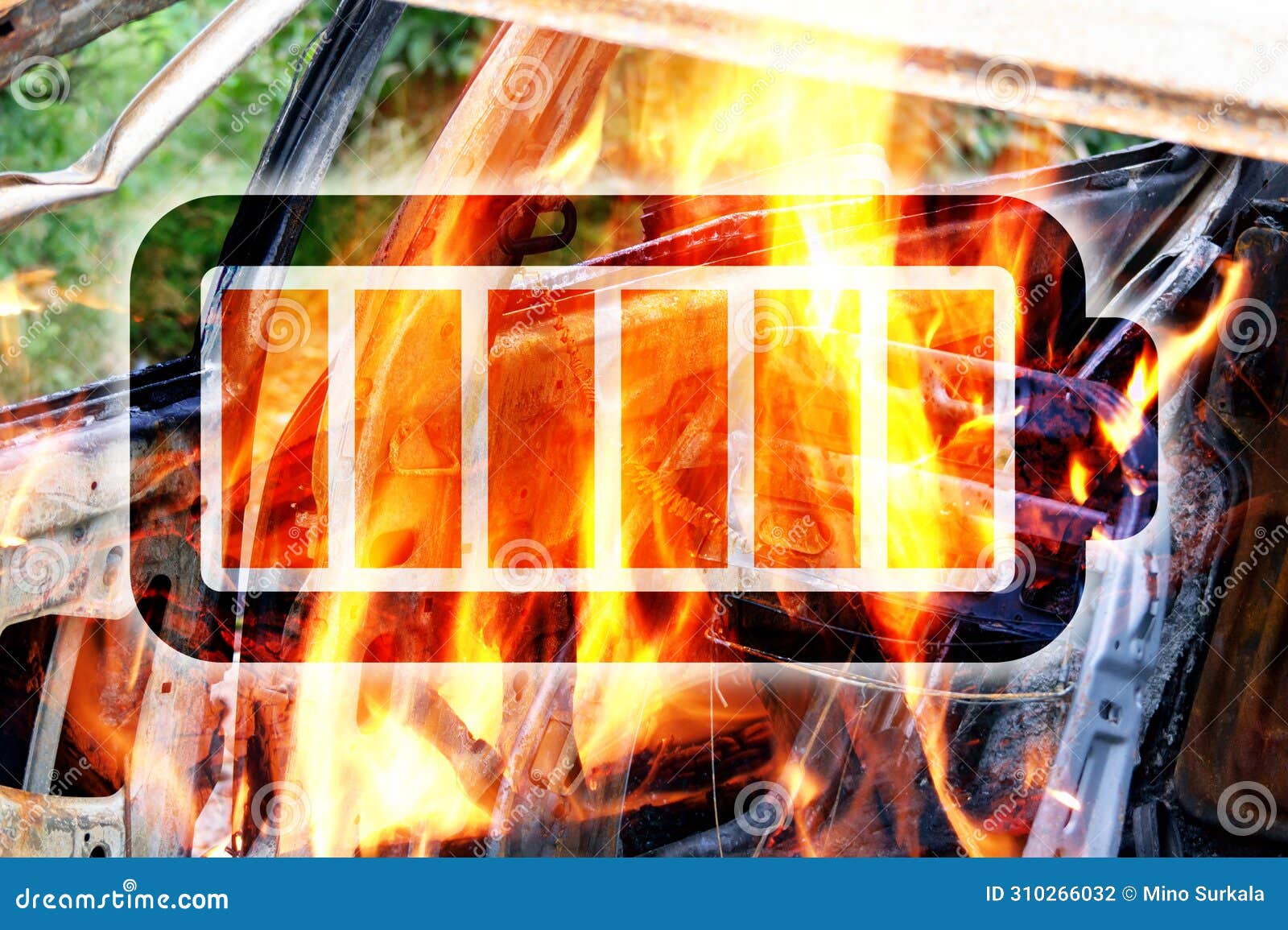 Battery Fire, Illustration of Li-Ion Battery in Front of Burnt Car ...