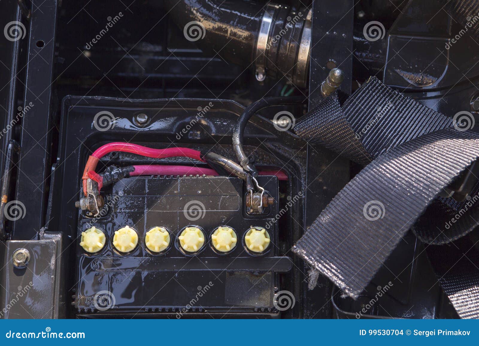 Car Battery in the Engine Room Stock Photo - Image of clamp ...