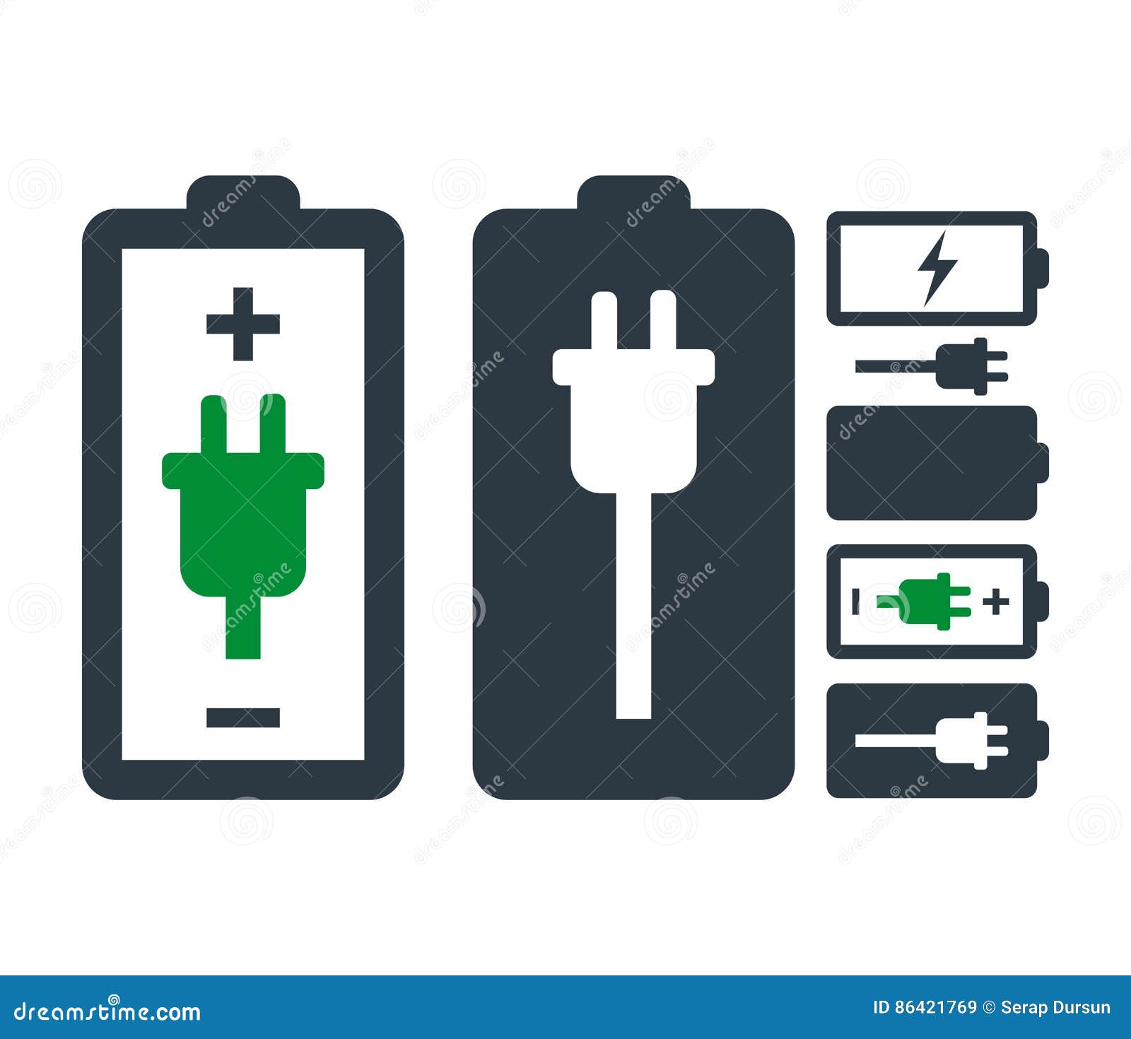 Battery with Power Plug Icon Set Stock Vector - Illustration of ...
